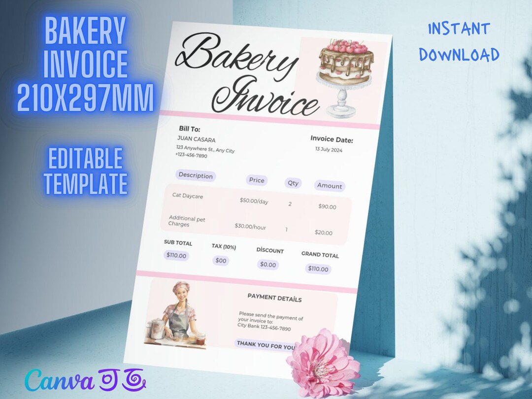BAKERY INVOICE TEMPLATE Editable Invoice Template for Small Business ...