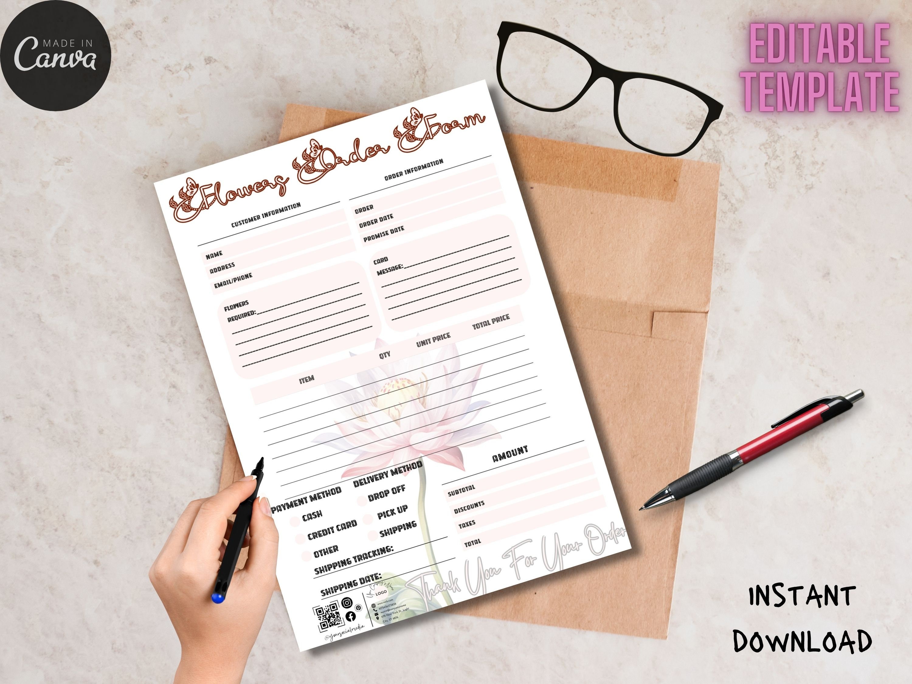 EDITABLE FLORIST ORDER Form Wedding Flowers Printable Flowers Order ...