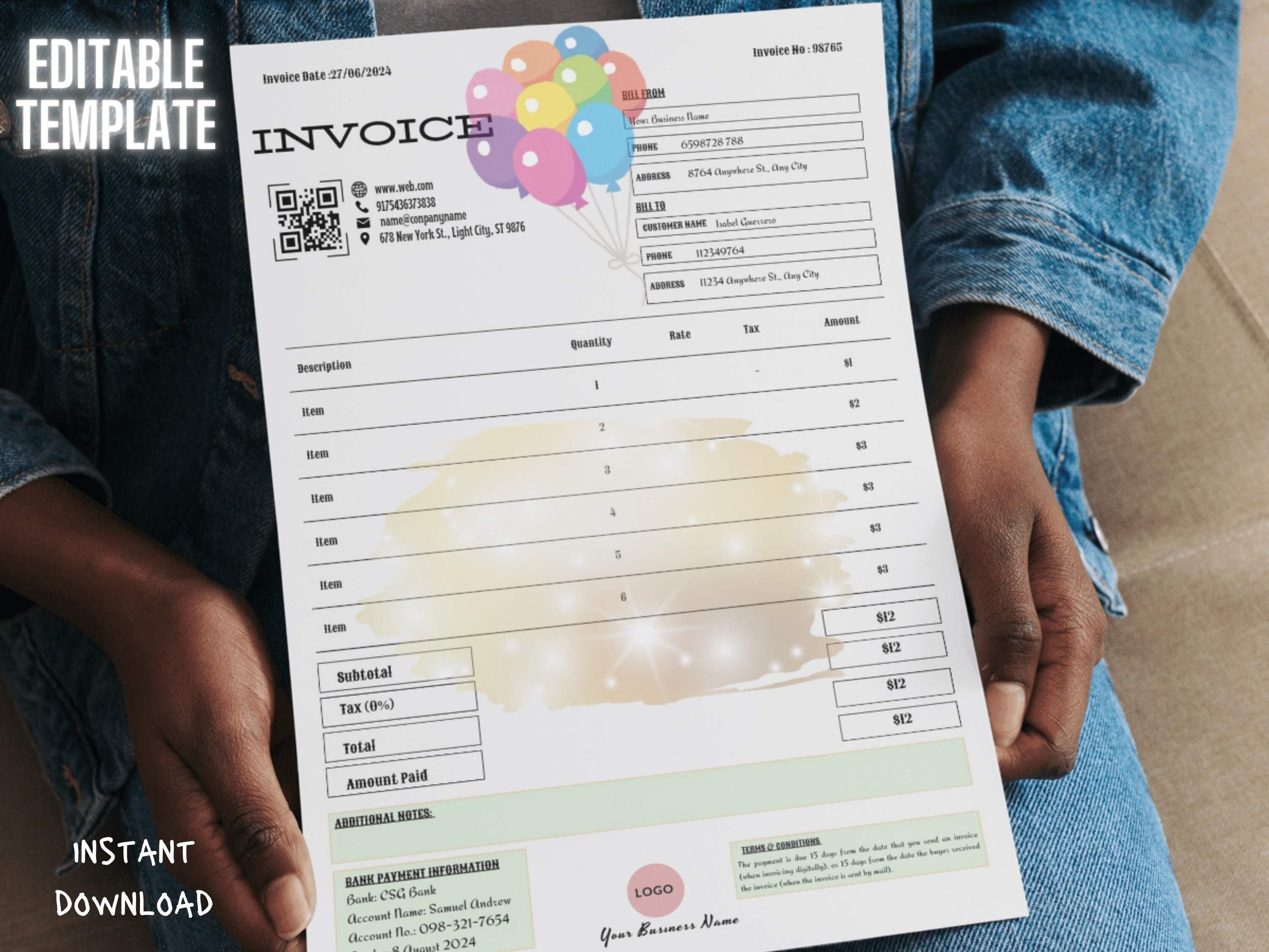 Editable Balloon Invoice Template Balloon Forms Balloon Business Custom ...