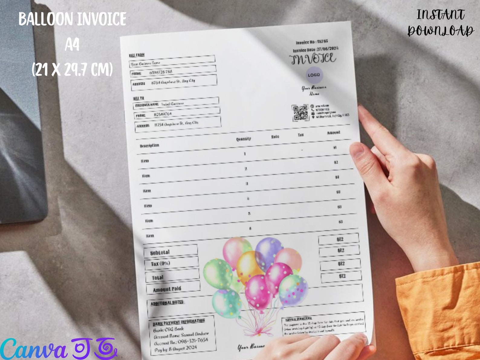 Balloon Invoice Template Receipt Template Business Template Printable ...