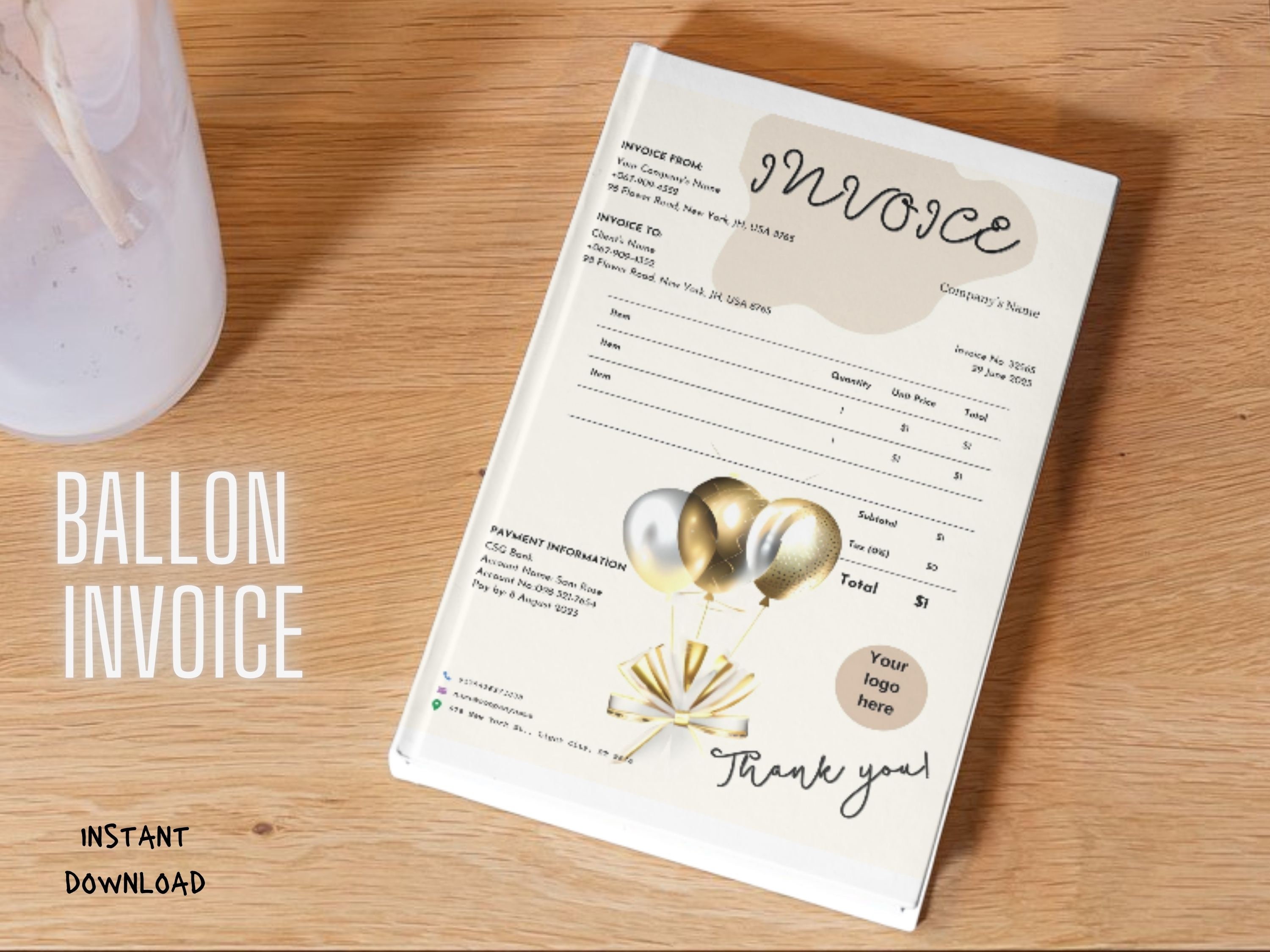 BALLOON INVOICE TEMPLATE Editable Word Balloon Garland Invoice Document ...