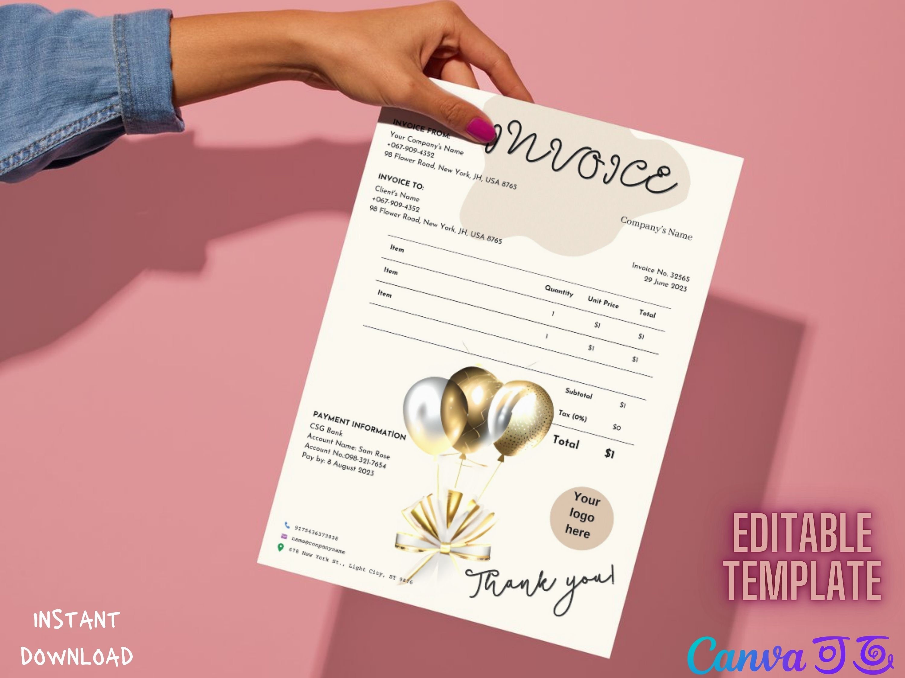 BALLOON INVOICE TEMPLATE Editable Word Balloon Garland Invoice Document ...