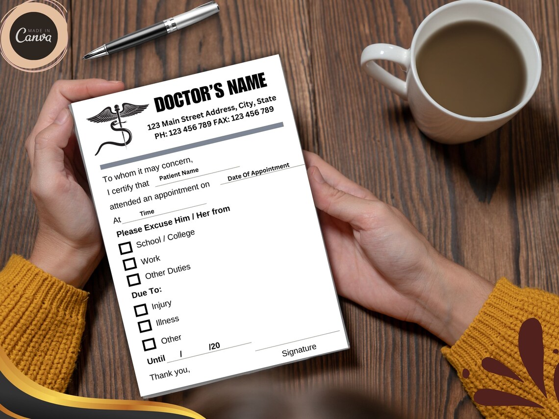 Editable Doctor Excuse Note for Work Doctor Excuse Letter Form Doctor's ...