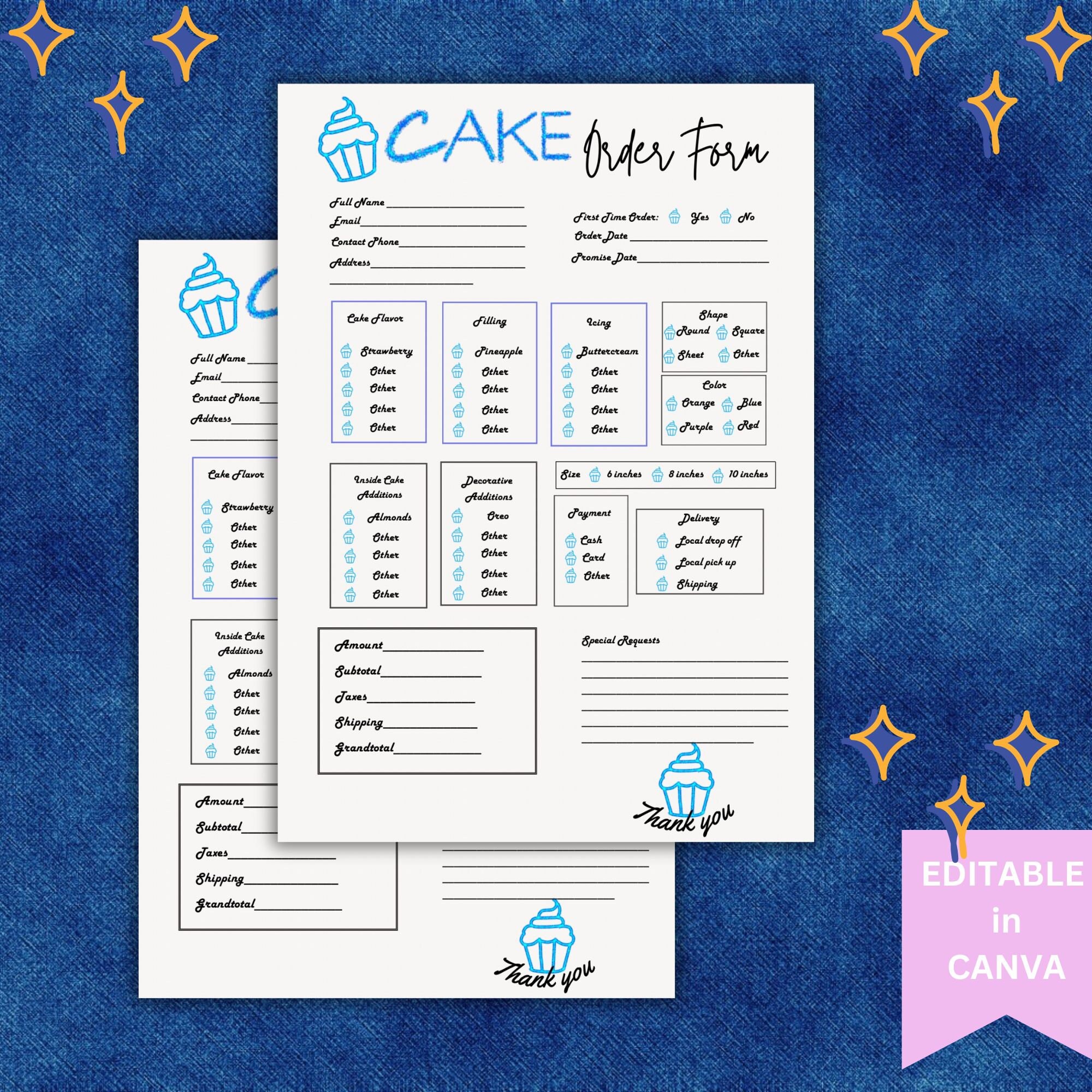 Blue Editable Cake Order Form Template, Place Your Order Now, Canva ...