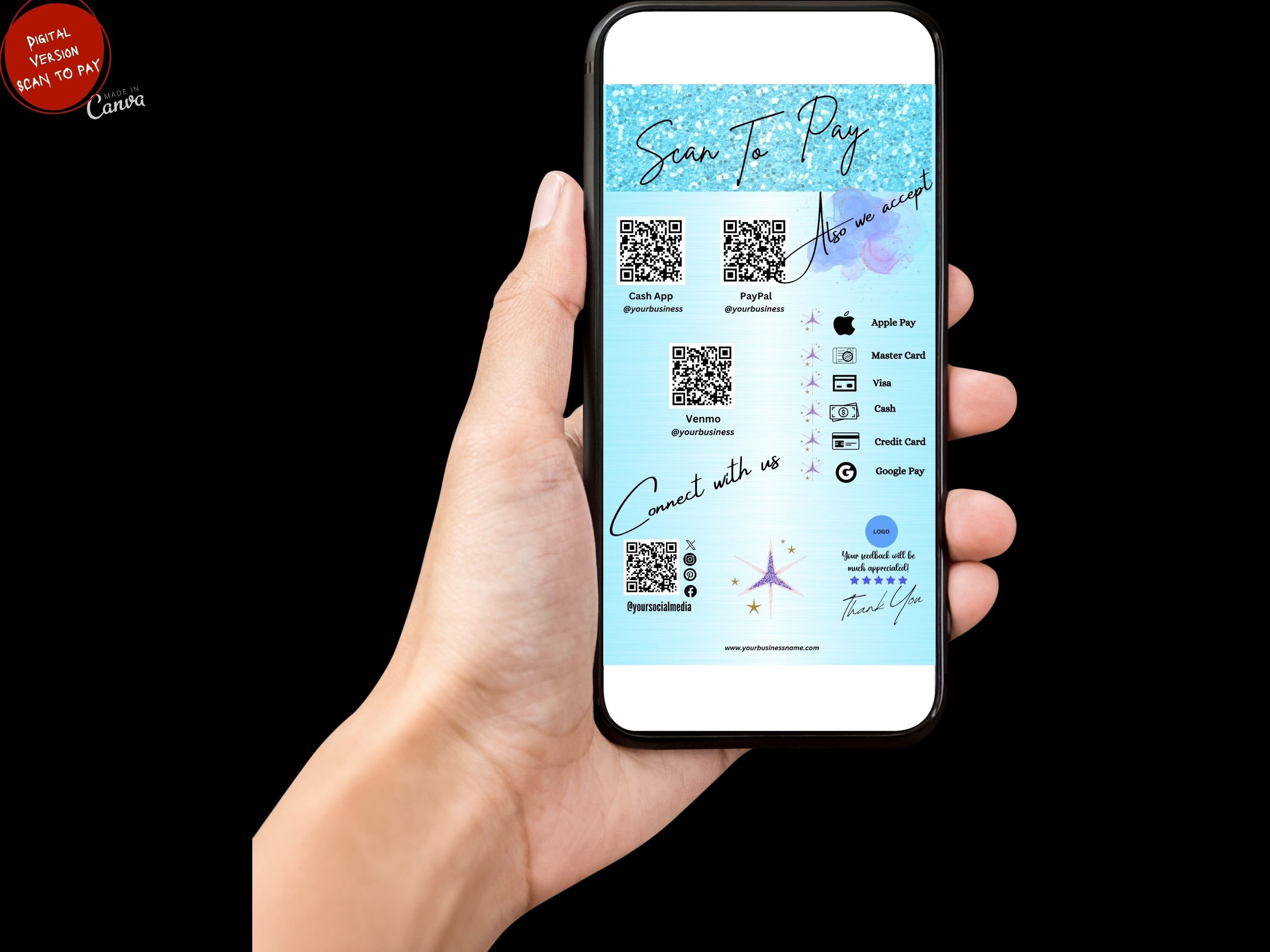 Editable Scan to Pay Template 3 Size QR Code Sign Cashapp Paypal Venmo ...