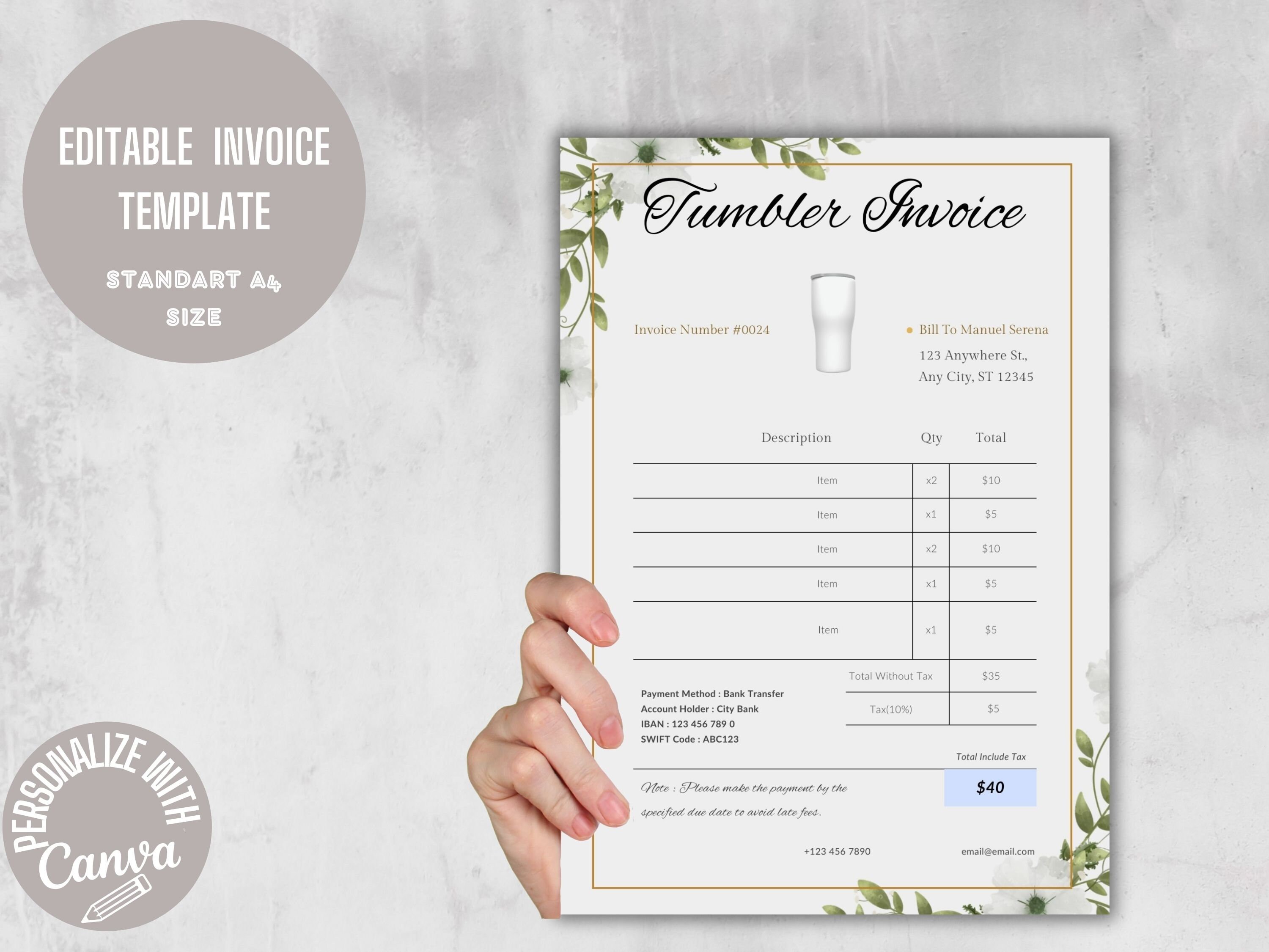 Printable Tumbler Invoice Editable Tumbler Invoice Template Custom ...