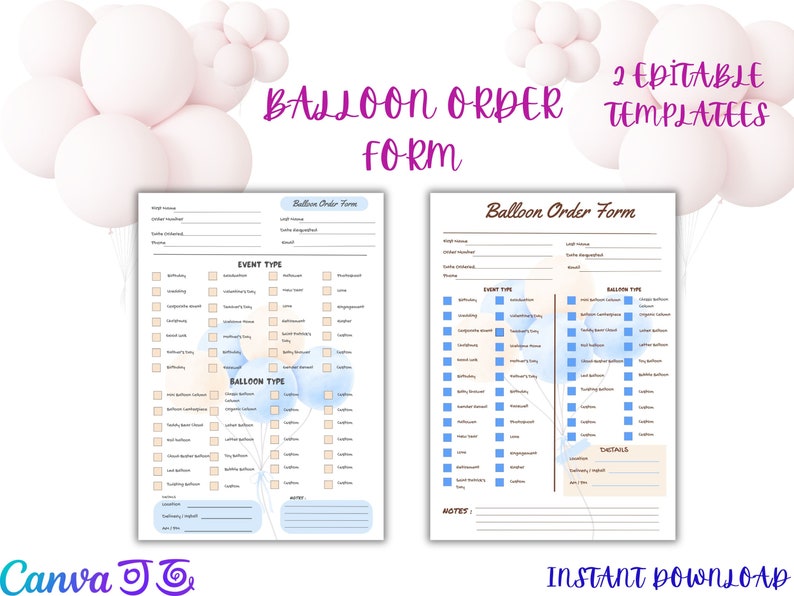 Editable Balloon Order Form Balloon Order Sheet Balloon Order Tracker ...