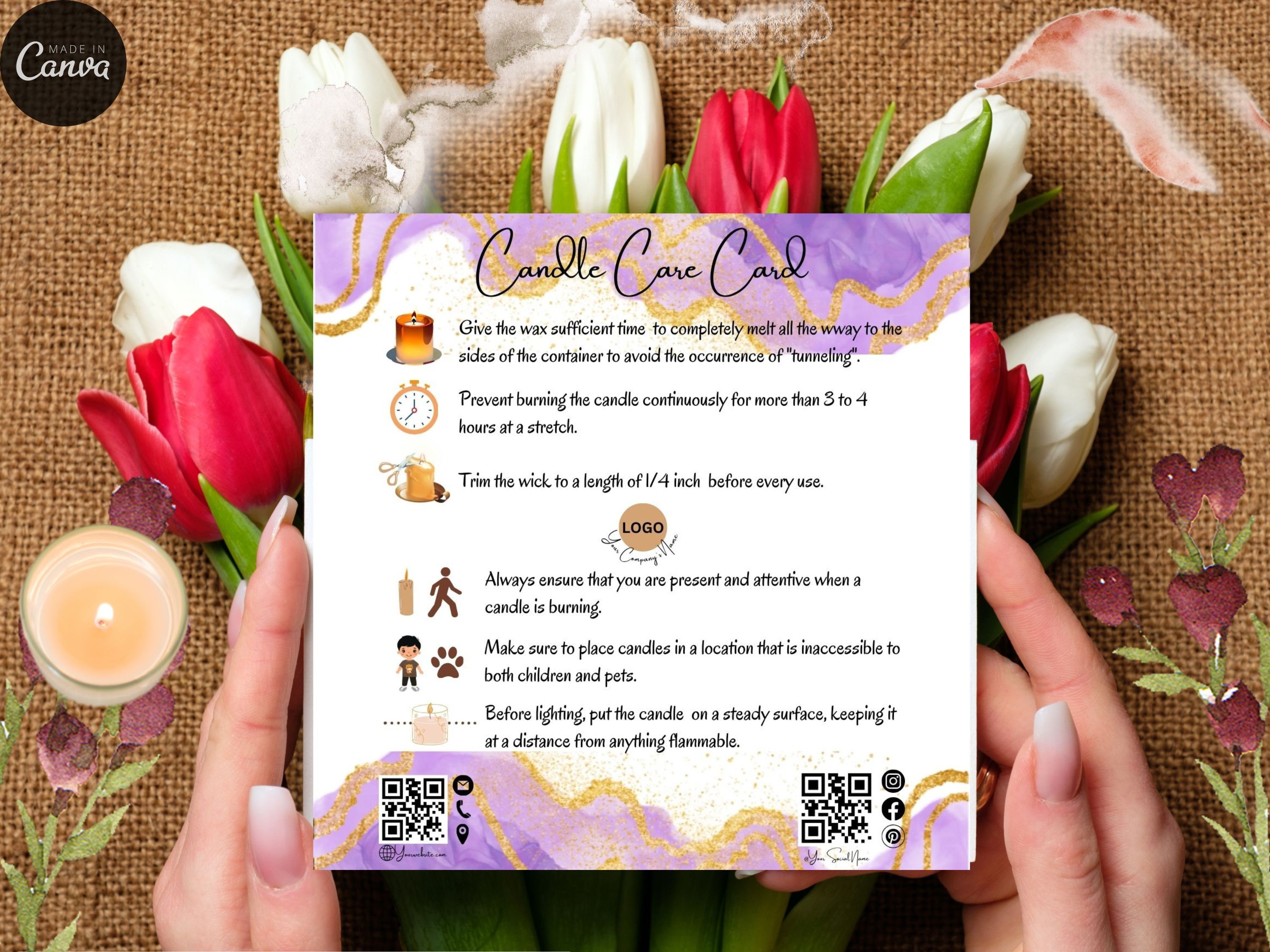 Editable Candle Care Card 2 Different Size Look After Your Candle ...