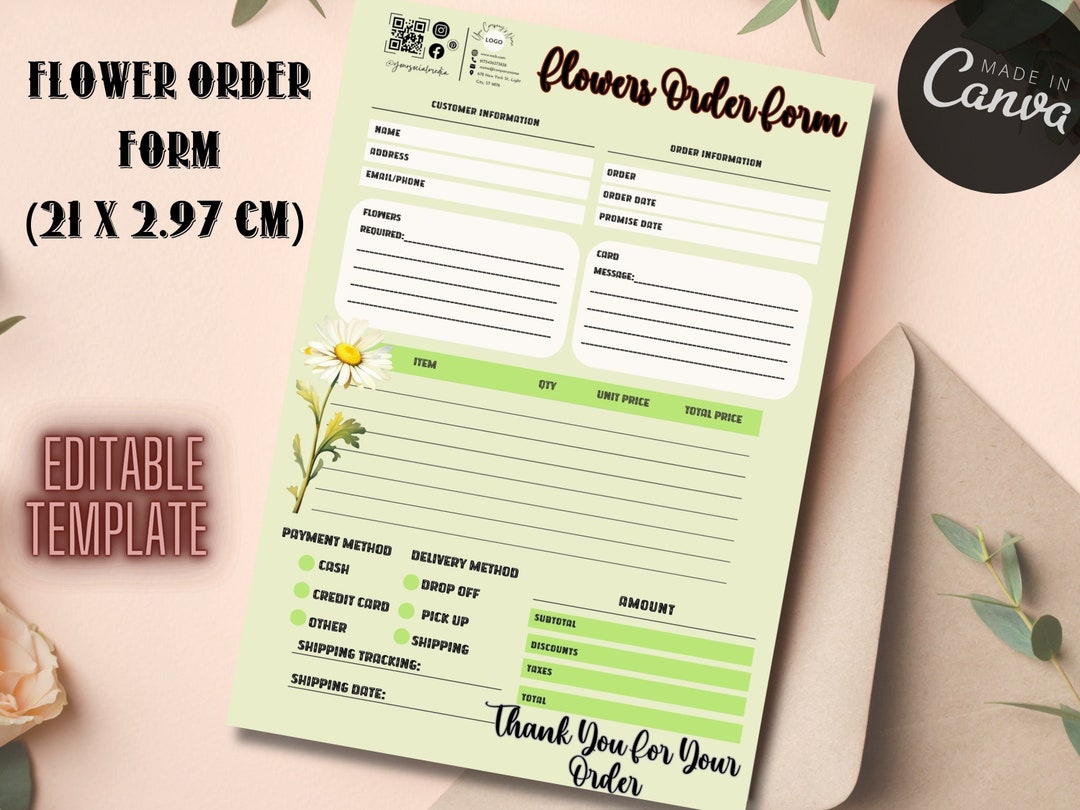 EDITABLE FLORIST ORDER Form Wedding Flowers Printable Flowers Order ...