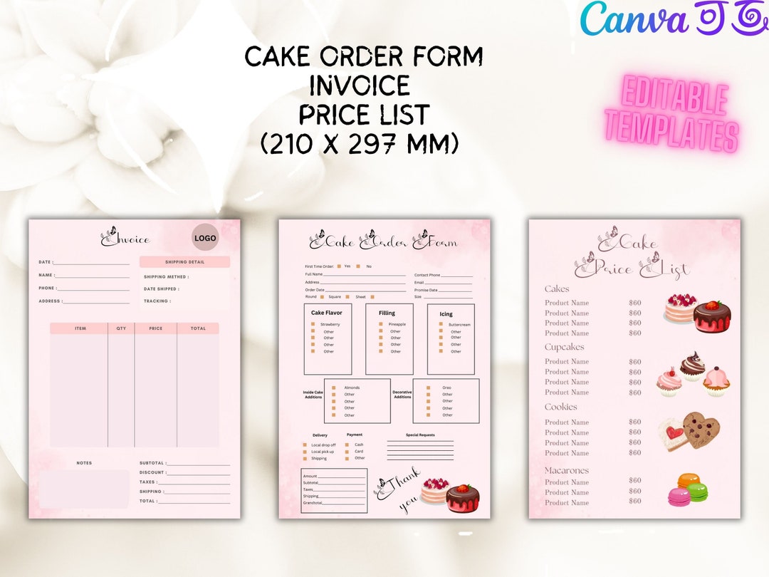 Editable Cake Order Form Cake Invoice Template Cake Price List Cake ...