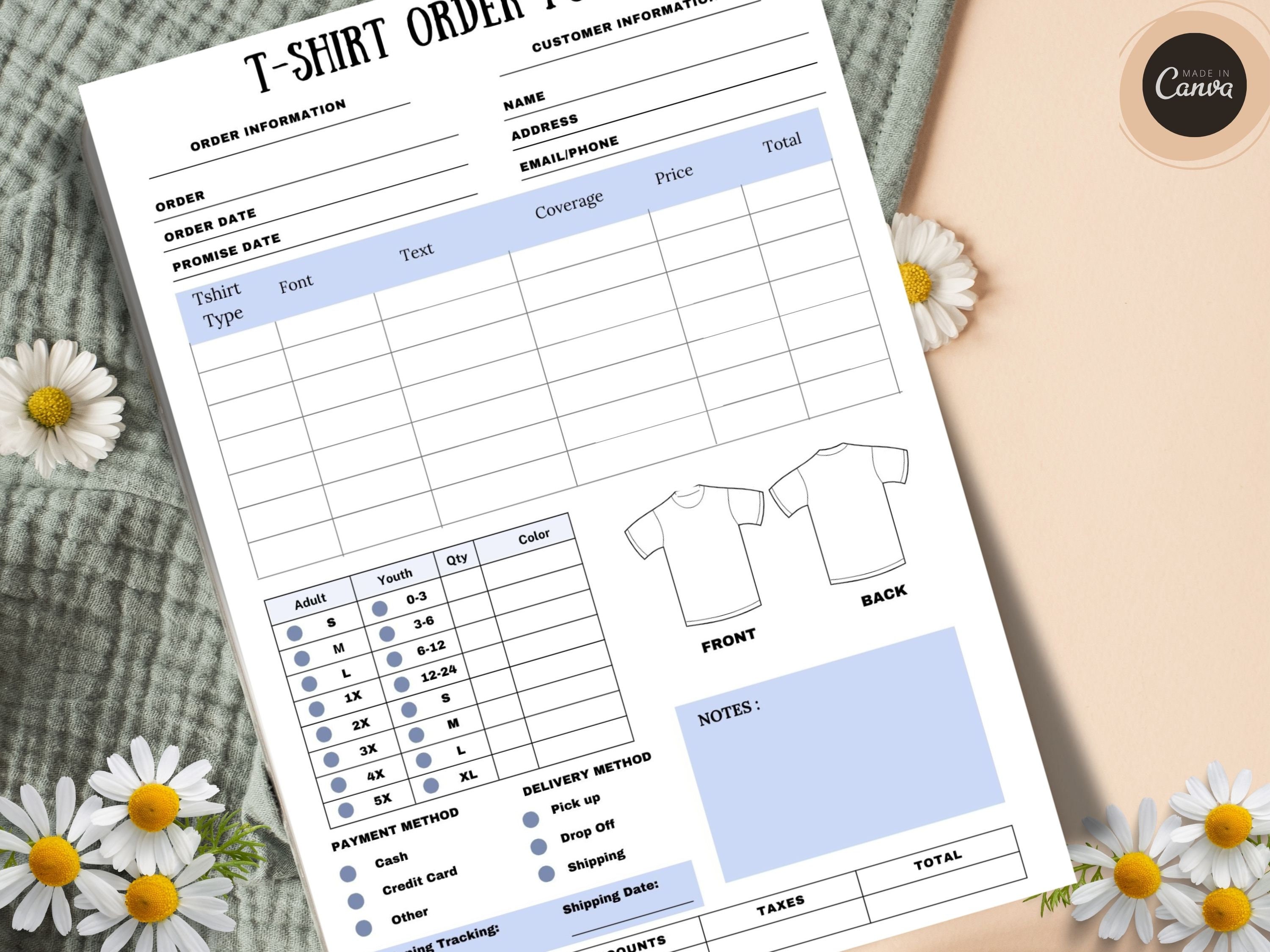 Editable Tshirt Order Form Template T Shirt Order Form Fillable T-shirt ...