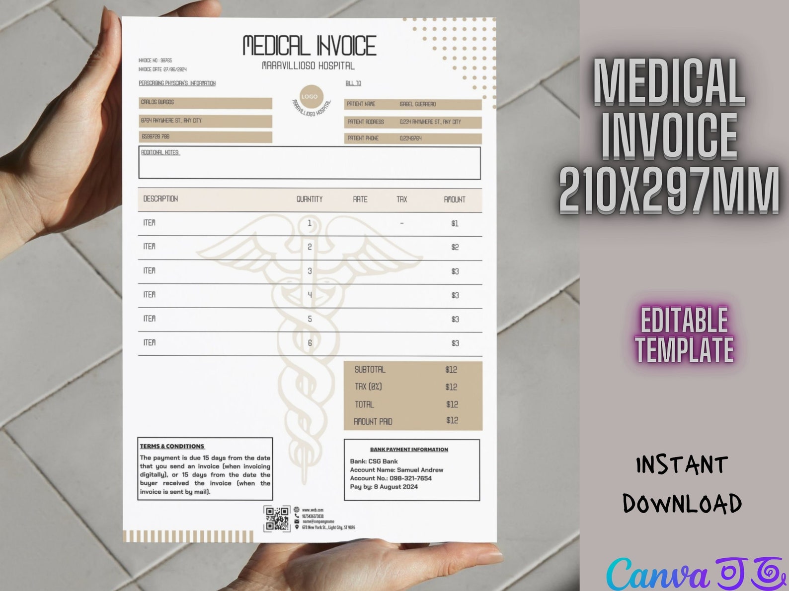 Printable Medical Invoice Doctor's Medical Bill Receipt Invoice PDF ...