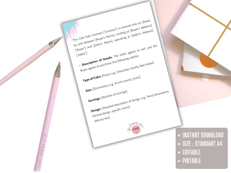 Custom Cake Sales Contract Template Editable PDF for Bakers Cake ...