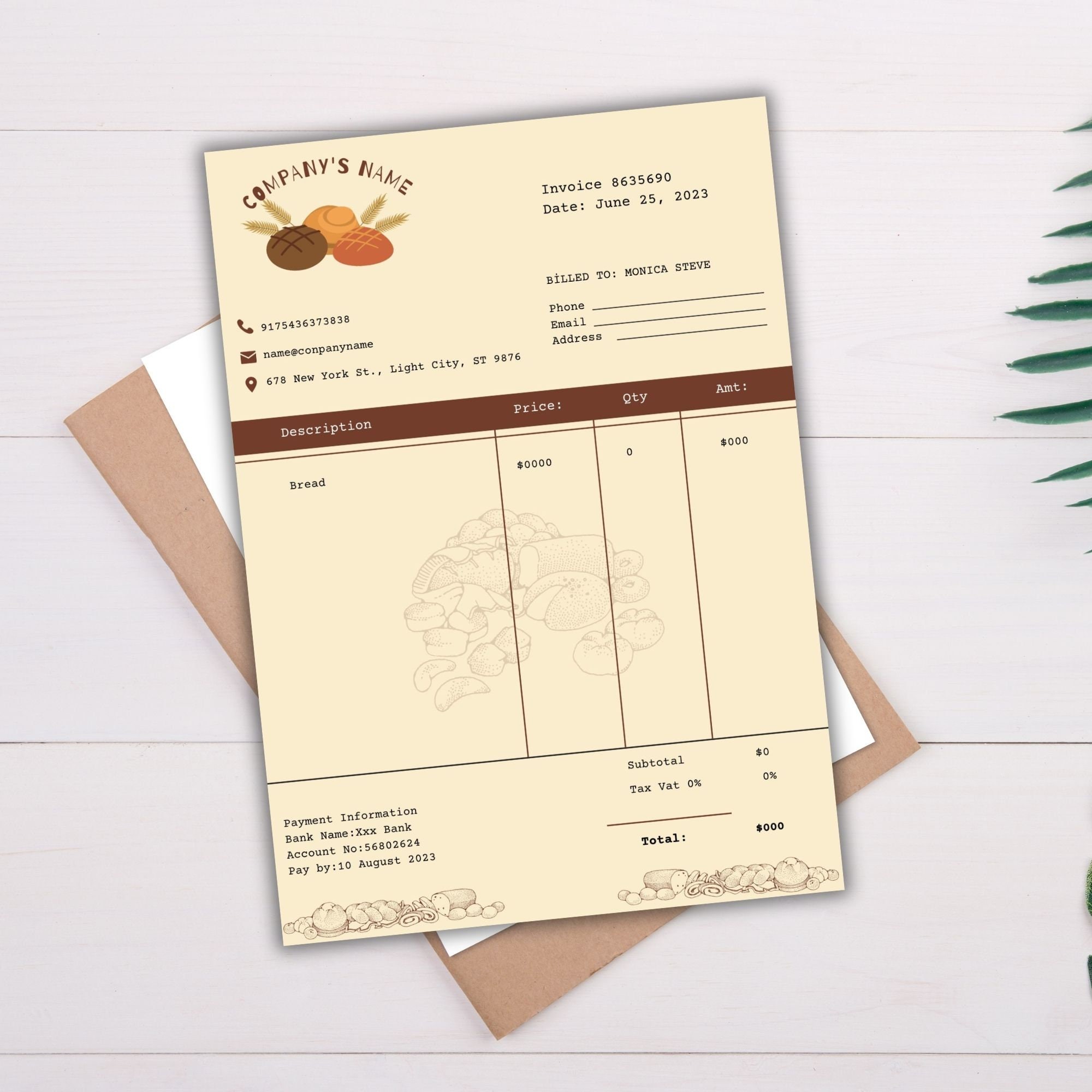 Bakery Invoice Template Receipt Template Business Template Printable ...