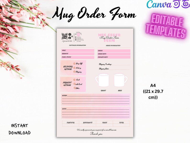 Editable Mug Order Form Coffee Cup Printable Order Form Editable Small Business Forms Crafters ...