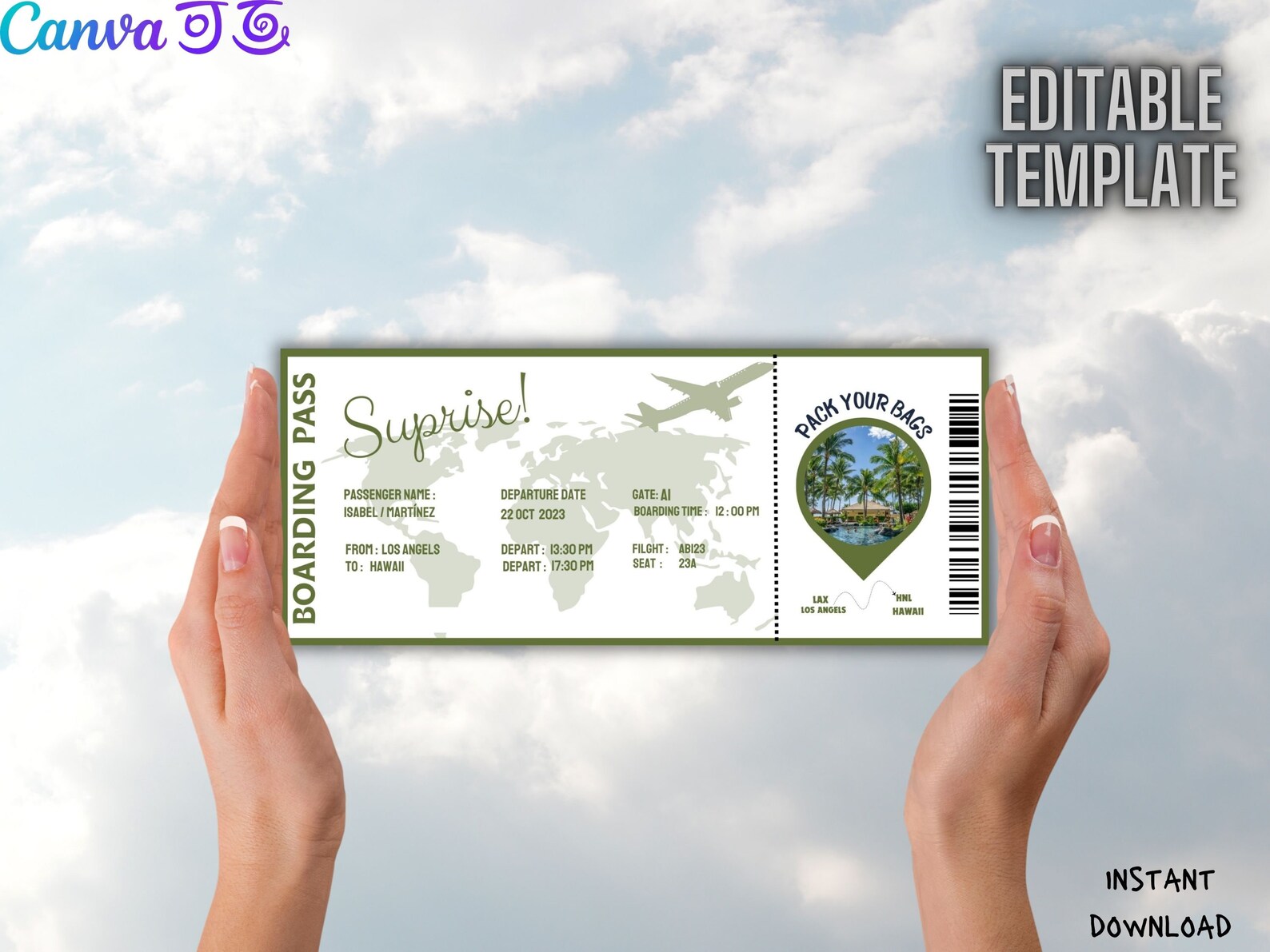 Editable Boarding Pass Template Printable Personalized Airline Ticket ...