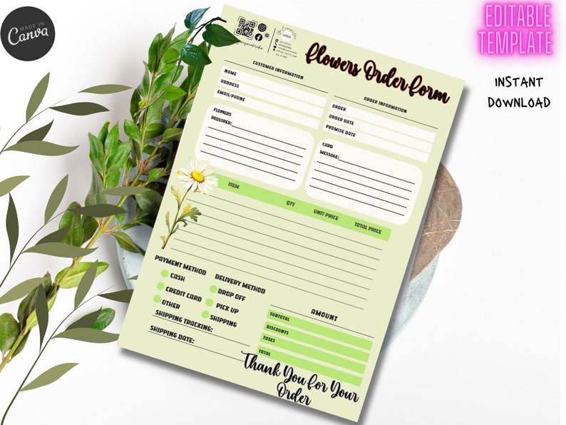 EDITABLE FLORIST ORDER Form Wedding Flowers Printable Flowers Order ...