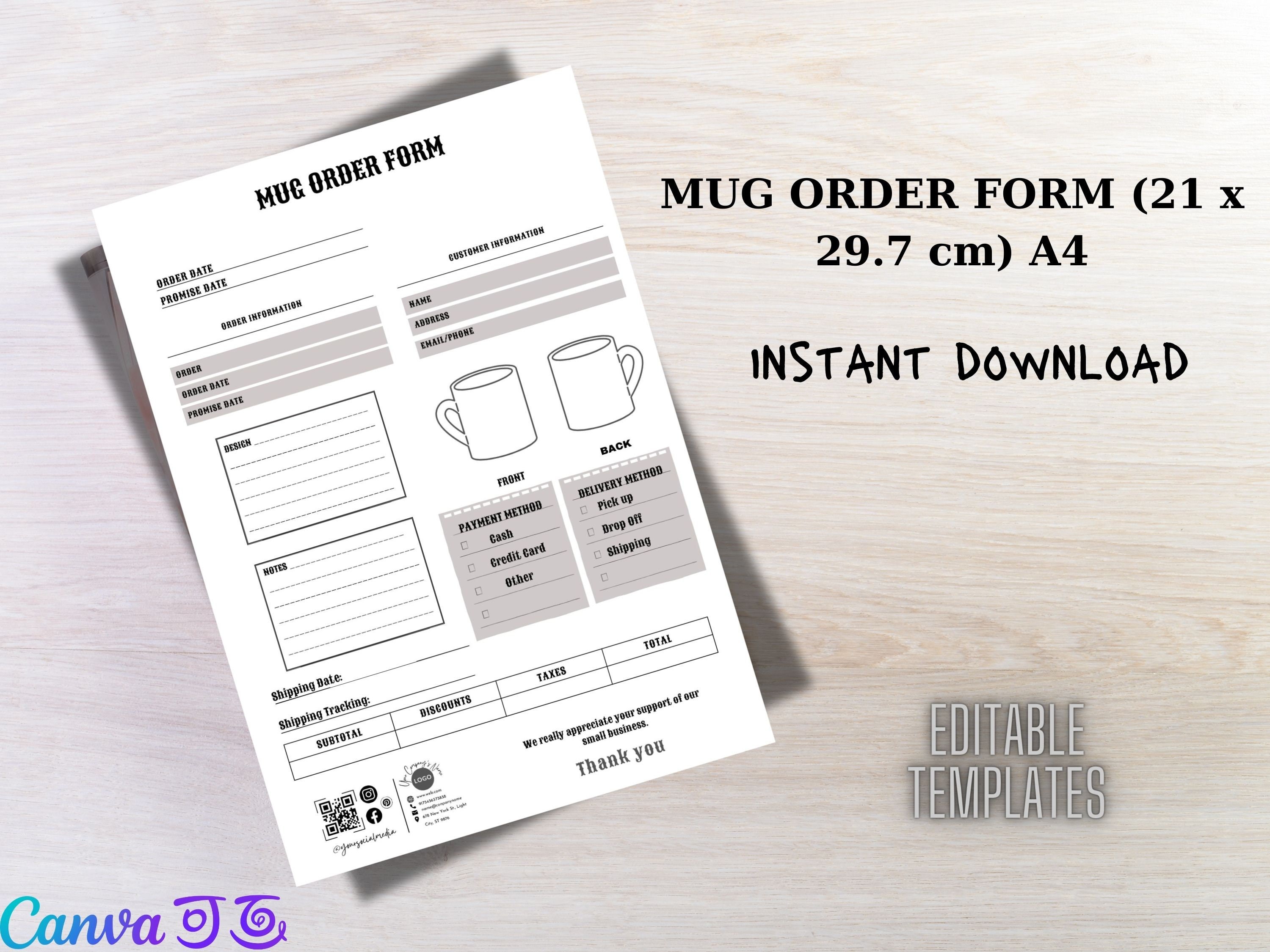 Mug Order Form Printable Cup Order Form Customizable Mug Order Log ...
