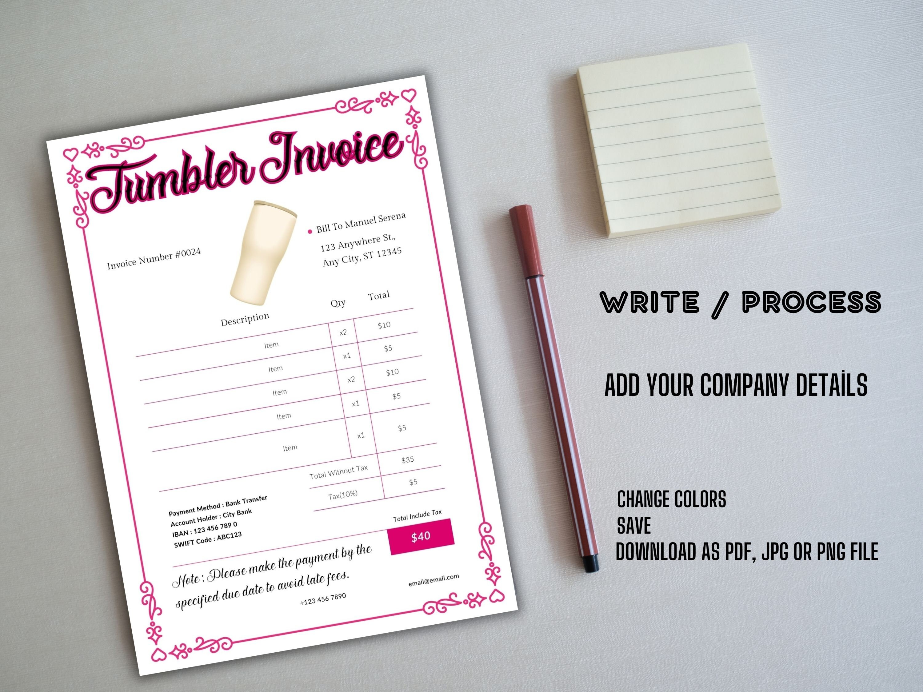 Editable Tumbler Invoice Template Editable Cup Invoice Sublimation ...