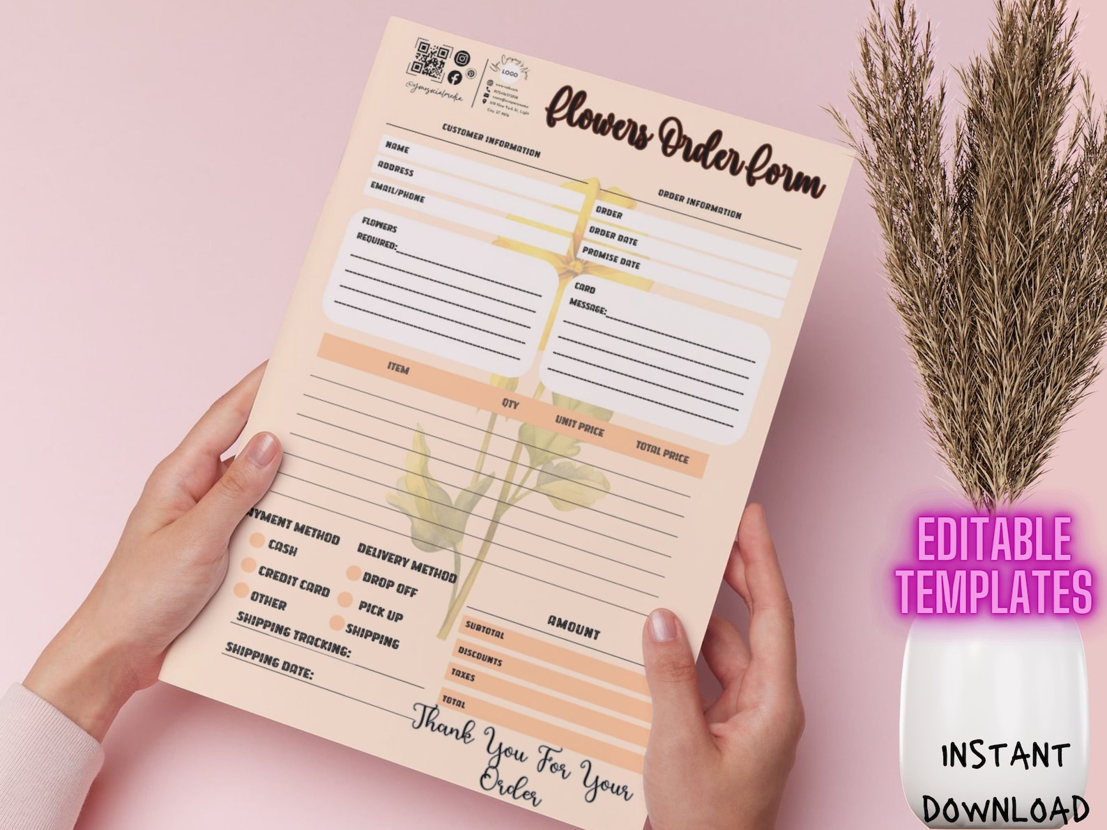 EDITABLE FLORIST ORDER Form Wedding Flowers Printable Flowers Order ...