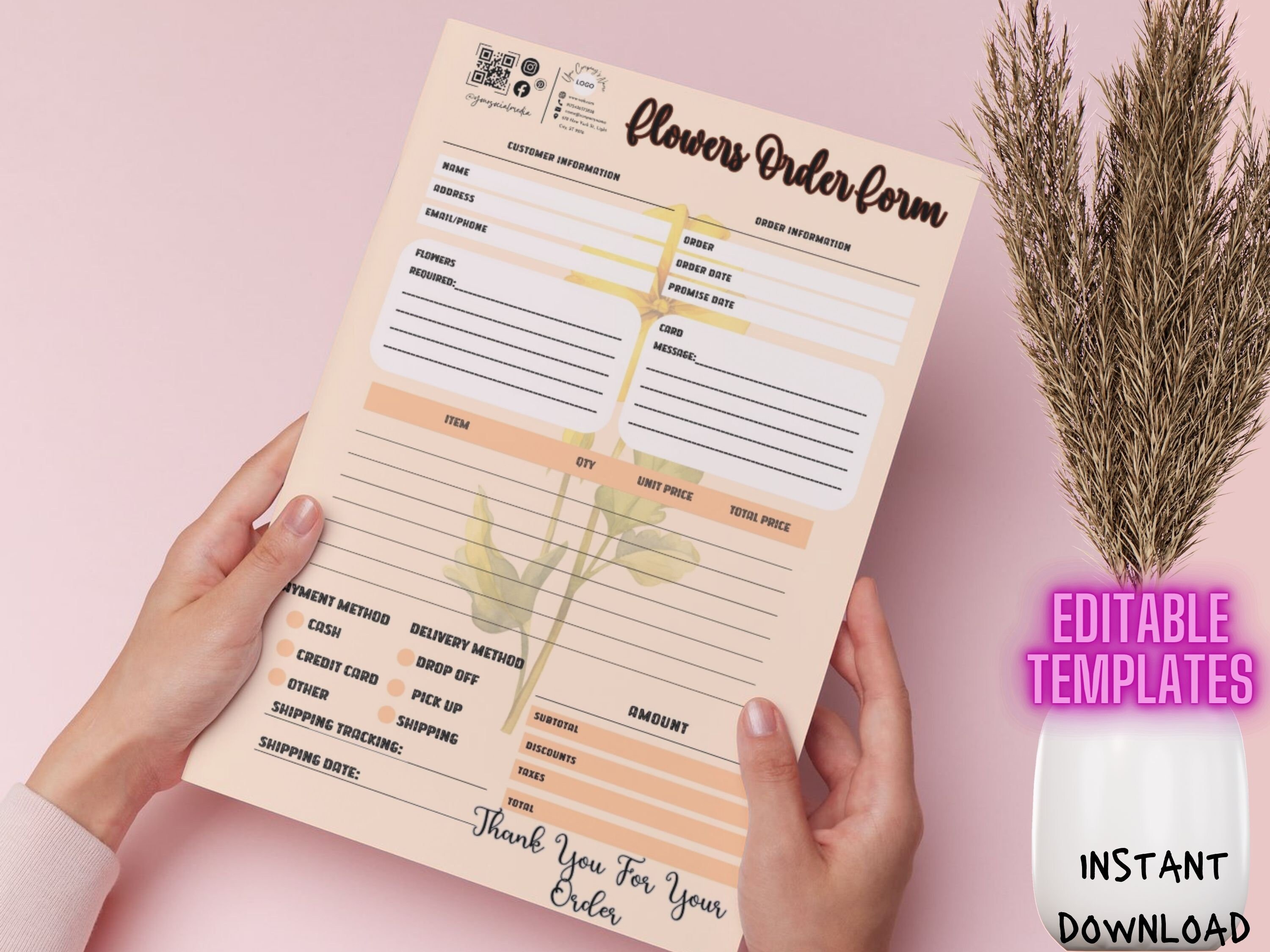 EDITABLE FLORIST ORDER Form Wedding Flowers Printable Flowers Order ...