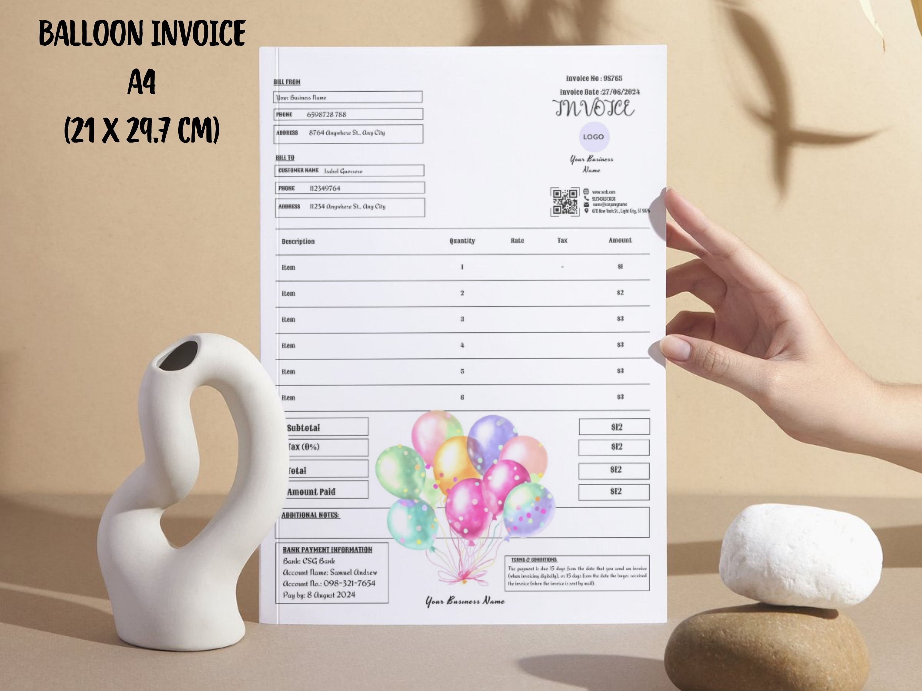 Balloon Invoice Template Receipt Template Business Template Printable ...