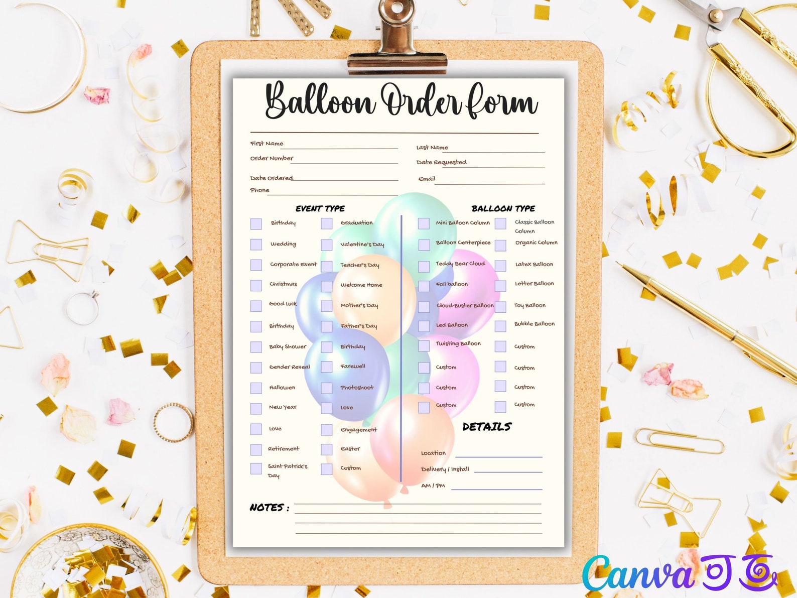 Editable Balloon Order Form Balloon Order Tracker Template Custom ...