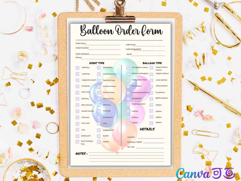 Editable Balloon Order Form Balloon Order Tracker Template Custom Balloon Sale Tracker Party ...