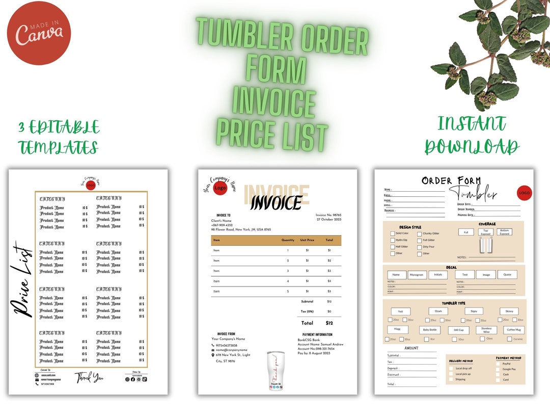 Editable Tumbler Order Form Template Tumbler Order Sheet Tumbler Price ...