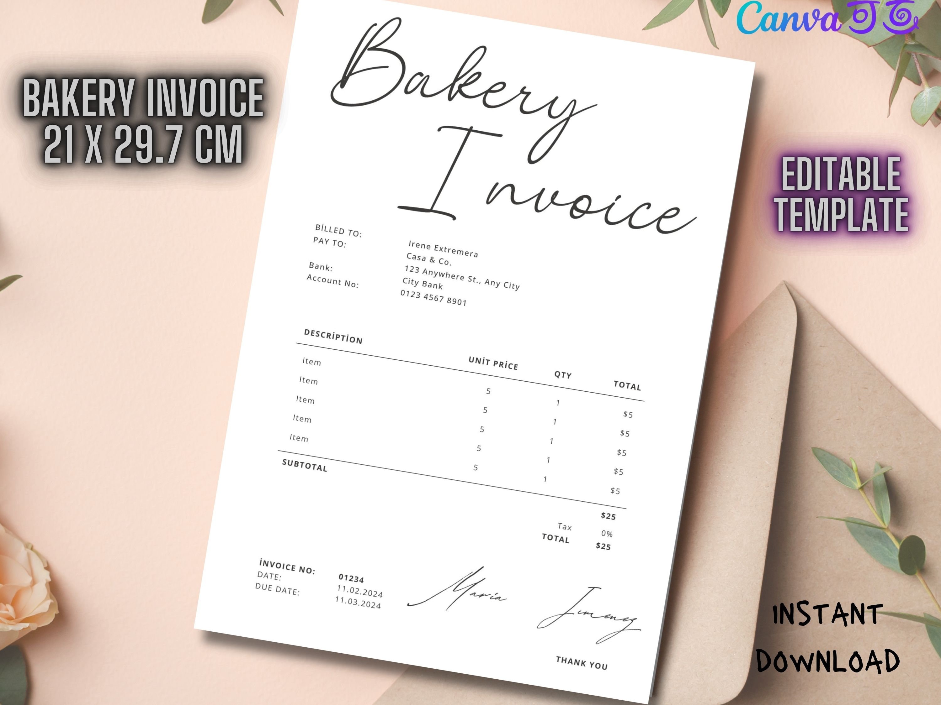 Bakery Invoice Template Receipt Template Business Template Printable ...