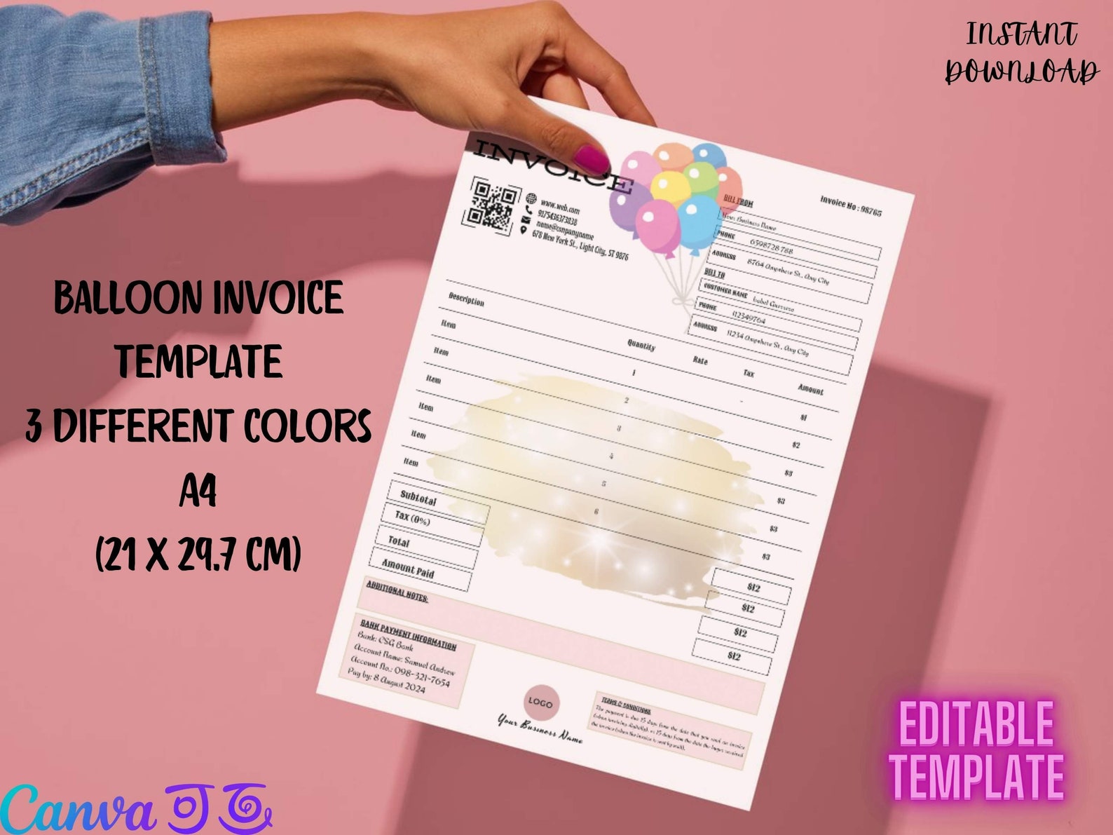 Editable Balloon Invoice Template Balloon Forms Balloon Business Custom ...