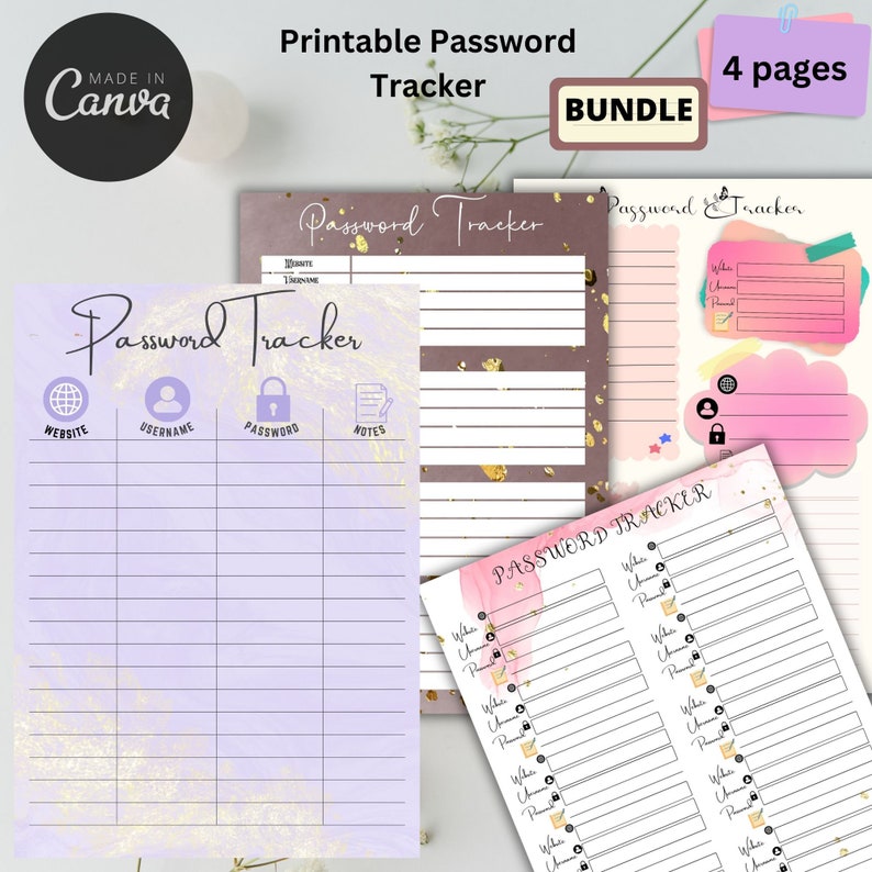 Password Tracker BUNDLE, 4 Printable Password Log, Password Keeper ...