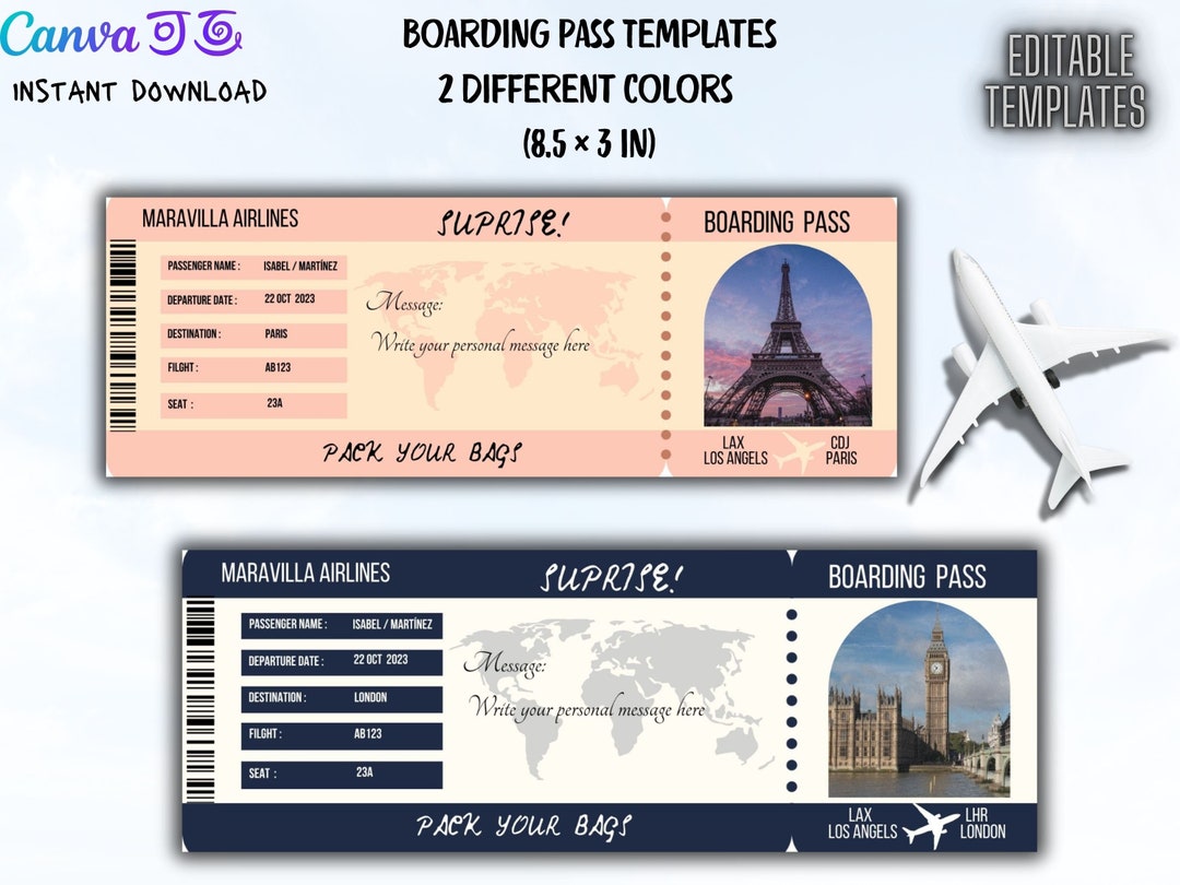 Editable Boarding Pass Template Printable Personalized Airline Ticket ...