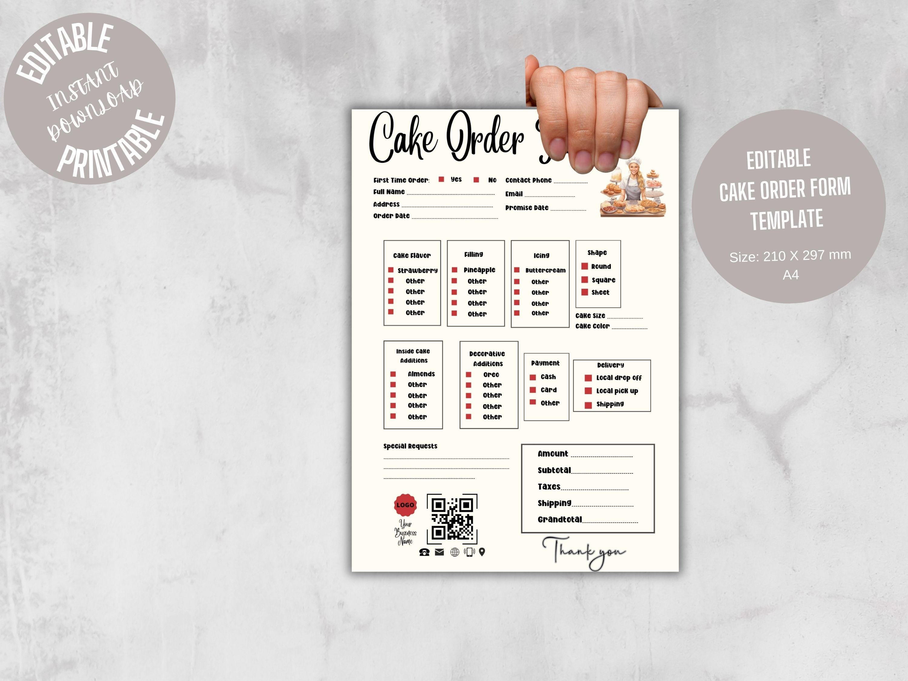 Editable CAKE ORDER FORM, Printable Cake Order Form Template, Baking ...