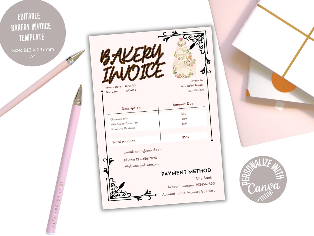 Editable Bakery Invoice Template Perfect for Bakers Cake Shops Pastry ...