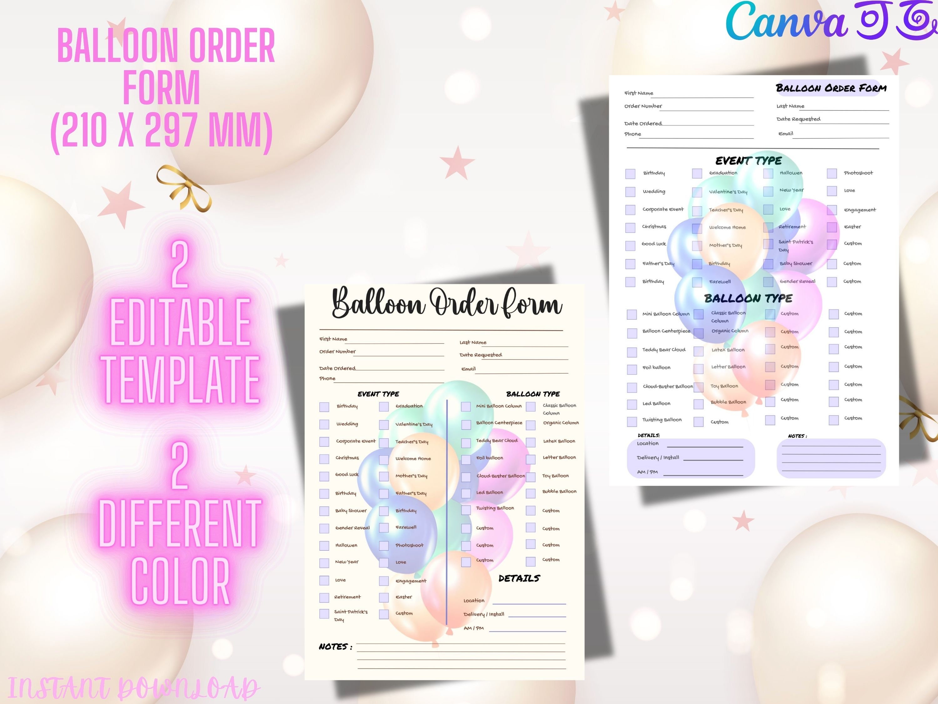Editable Balloon Order Form Balloon Order Tracker Template Custom ...