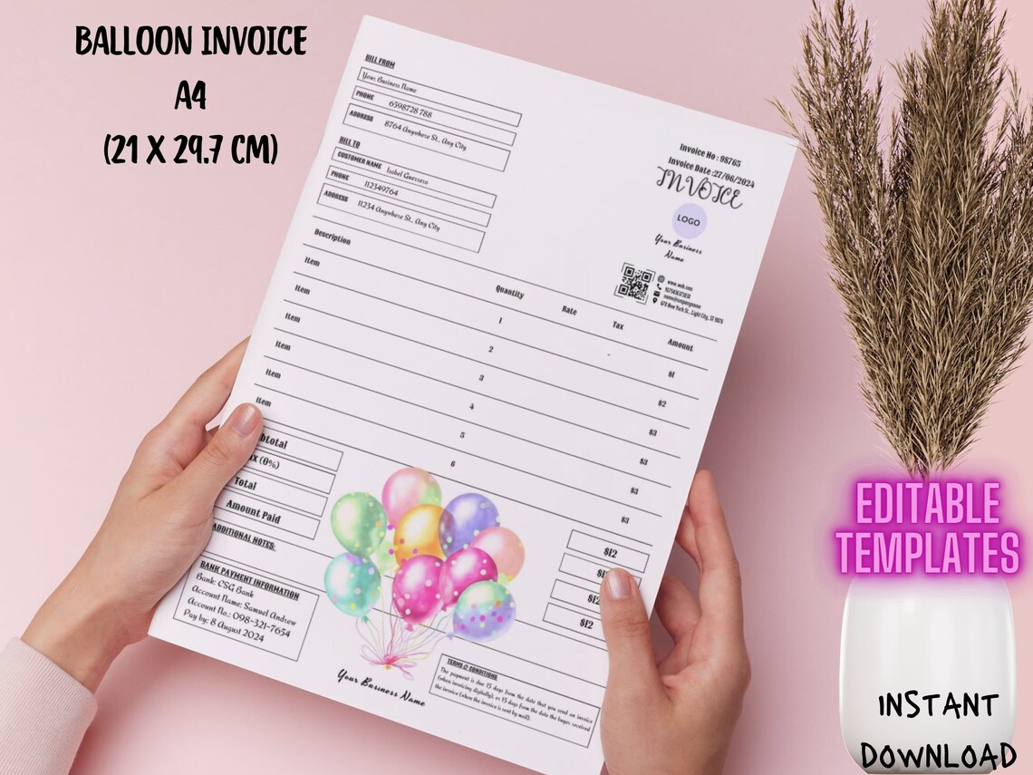 Balloon Invoice Template Receipt Template Business Template Printable ...
