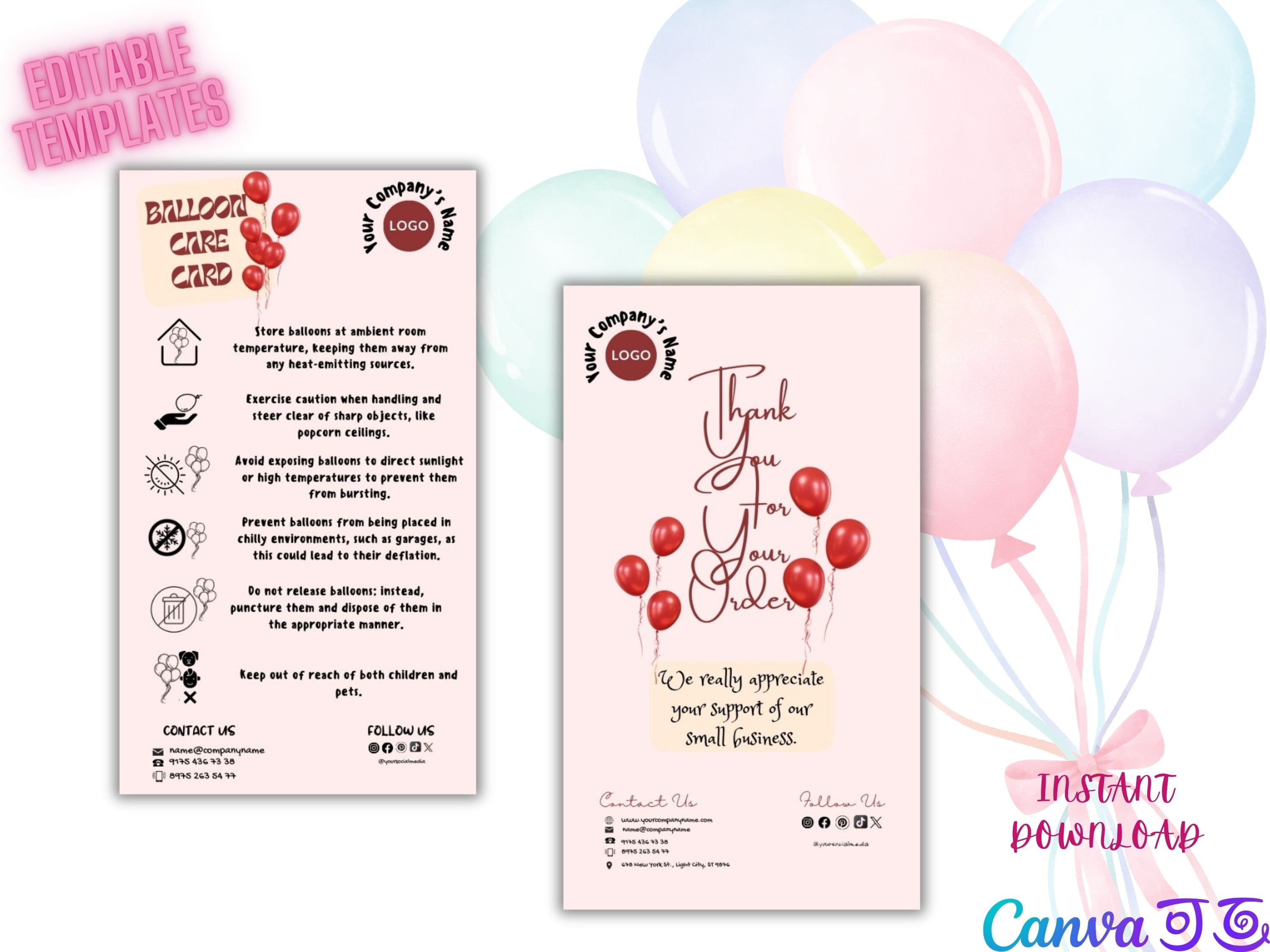 Balloon Care Card Scan to Pay Template Editable Balloons Care ...