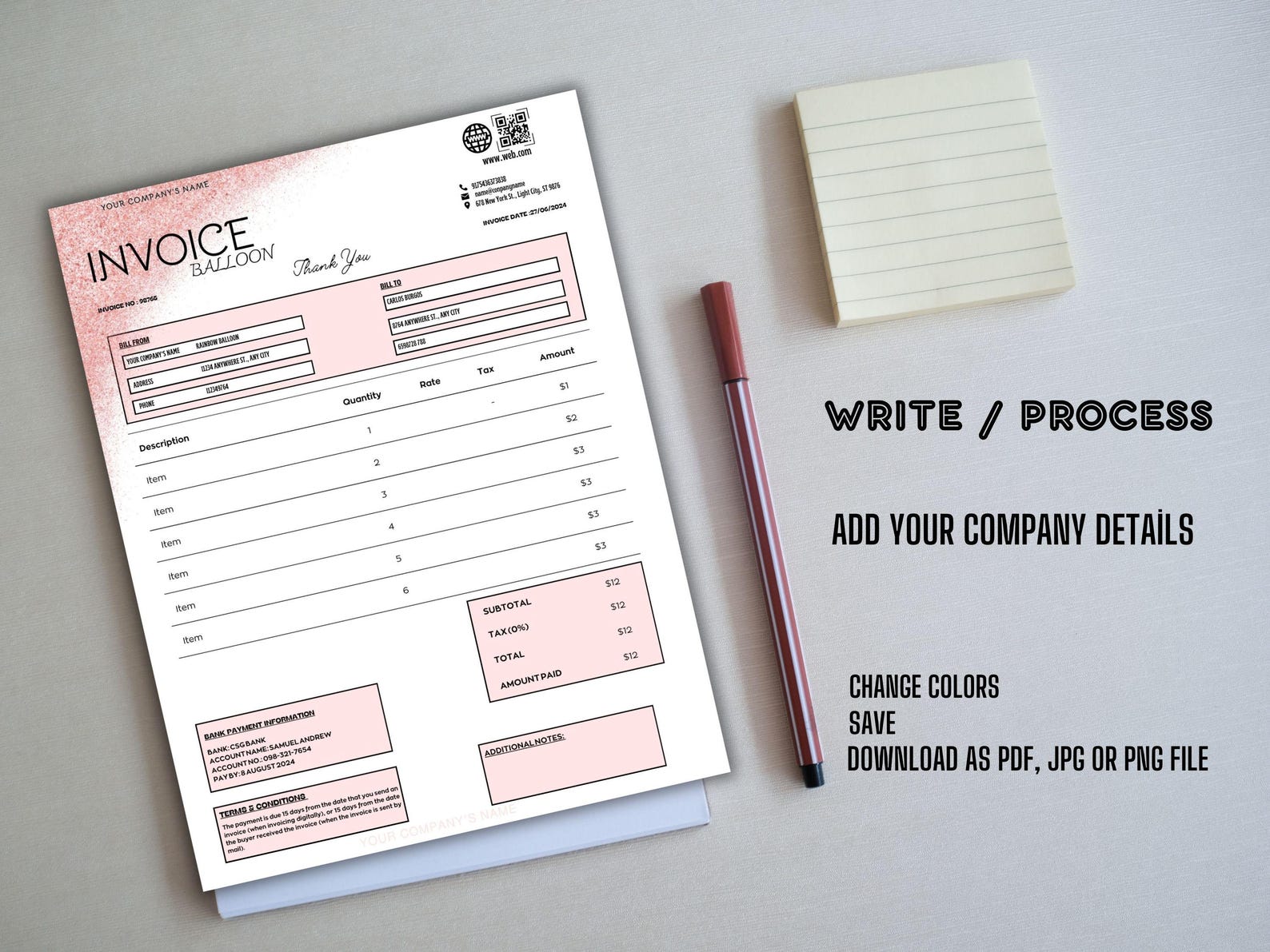 Balloon Business Invoice Template Editable PDF Customizable Balloon ...