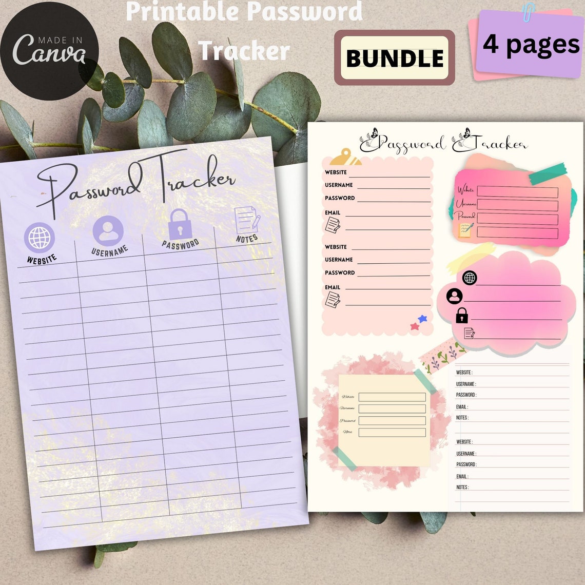Password Tracker BUNDLE, 4 Printable Password Log, Password Keeper ...