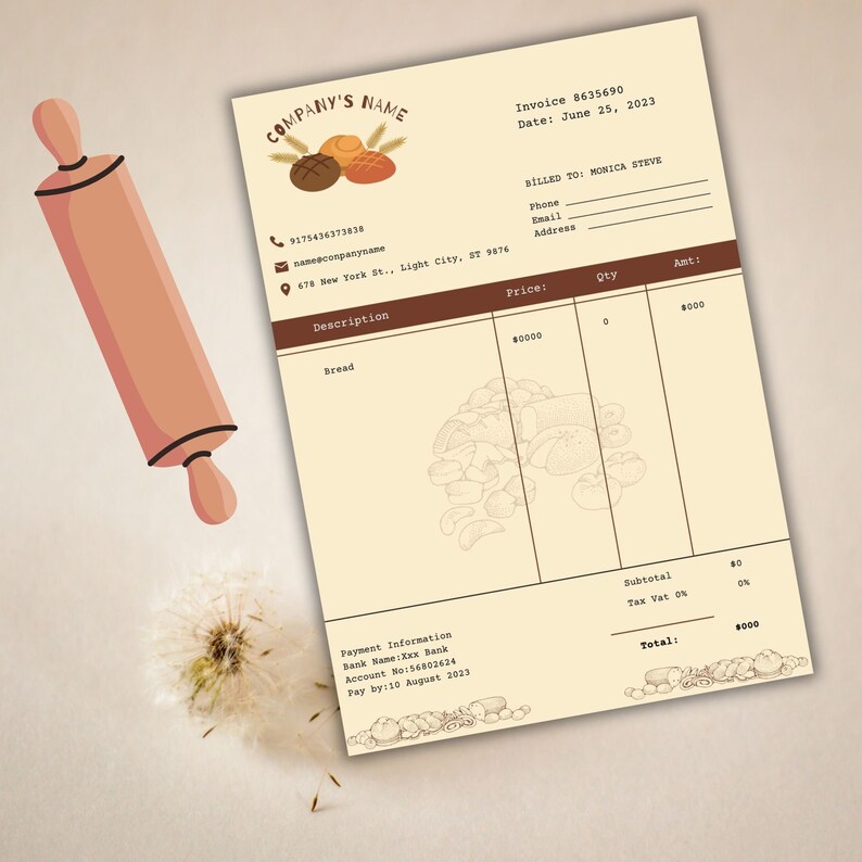 Bakery Invoice Template Receipt Template Business Template Printable ...