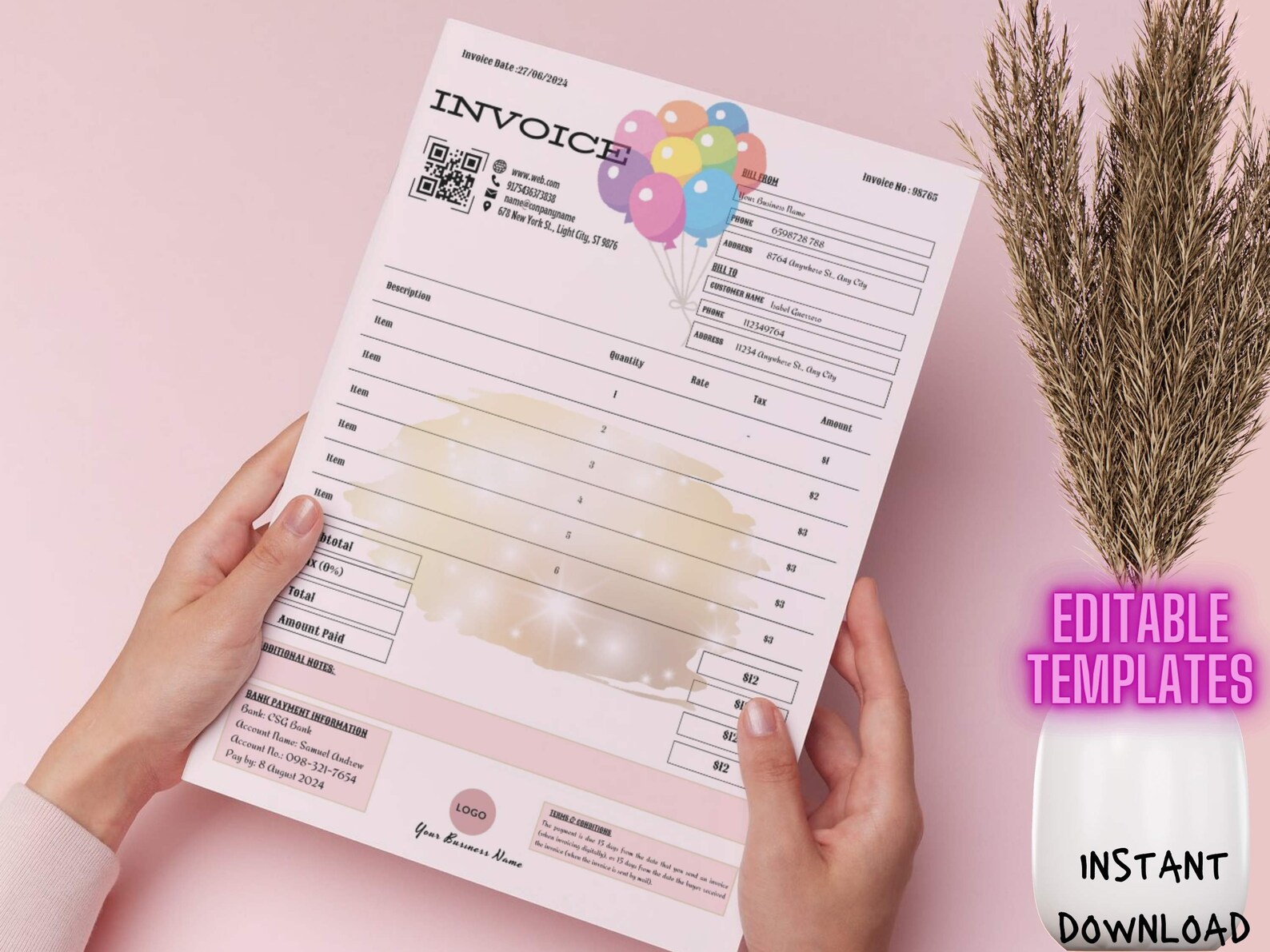 Editable Balloon Invoice Template Balloon Forms Balloon Business Custom ...