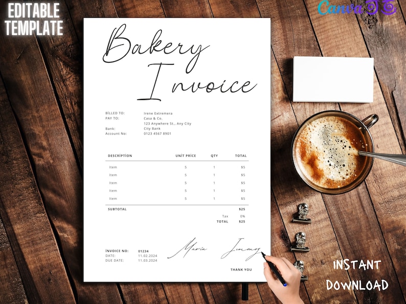 Bakery Invoice Template Receipt Template Business Template Printable ...