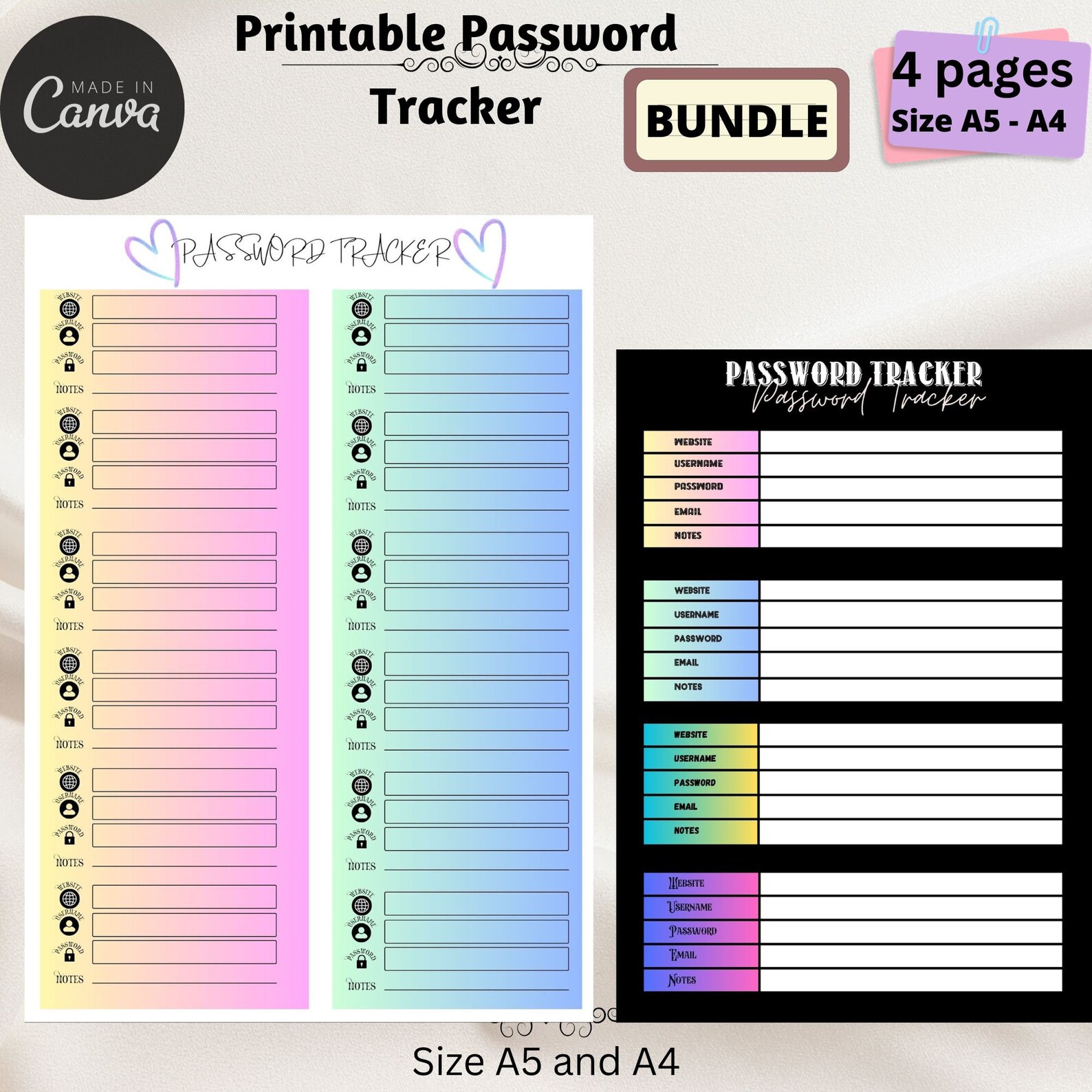 Editable Fillable Password Tracker BUNDLE, 4 Printable Password Log ...