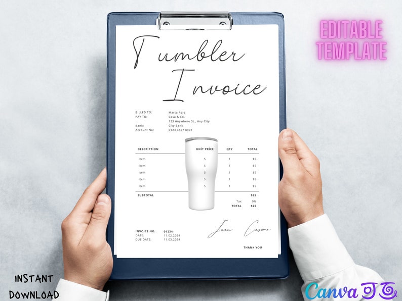 Printable Tumbler Invoice Template Editable Cup Invoice Sublimation ...