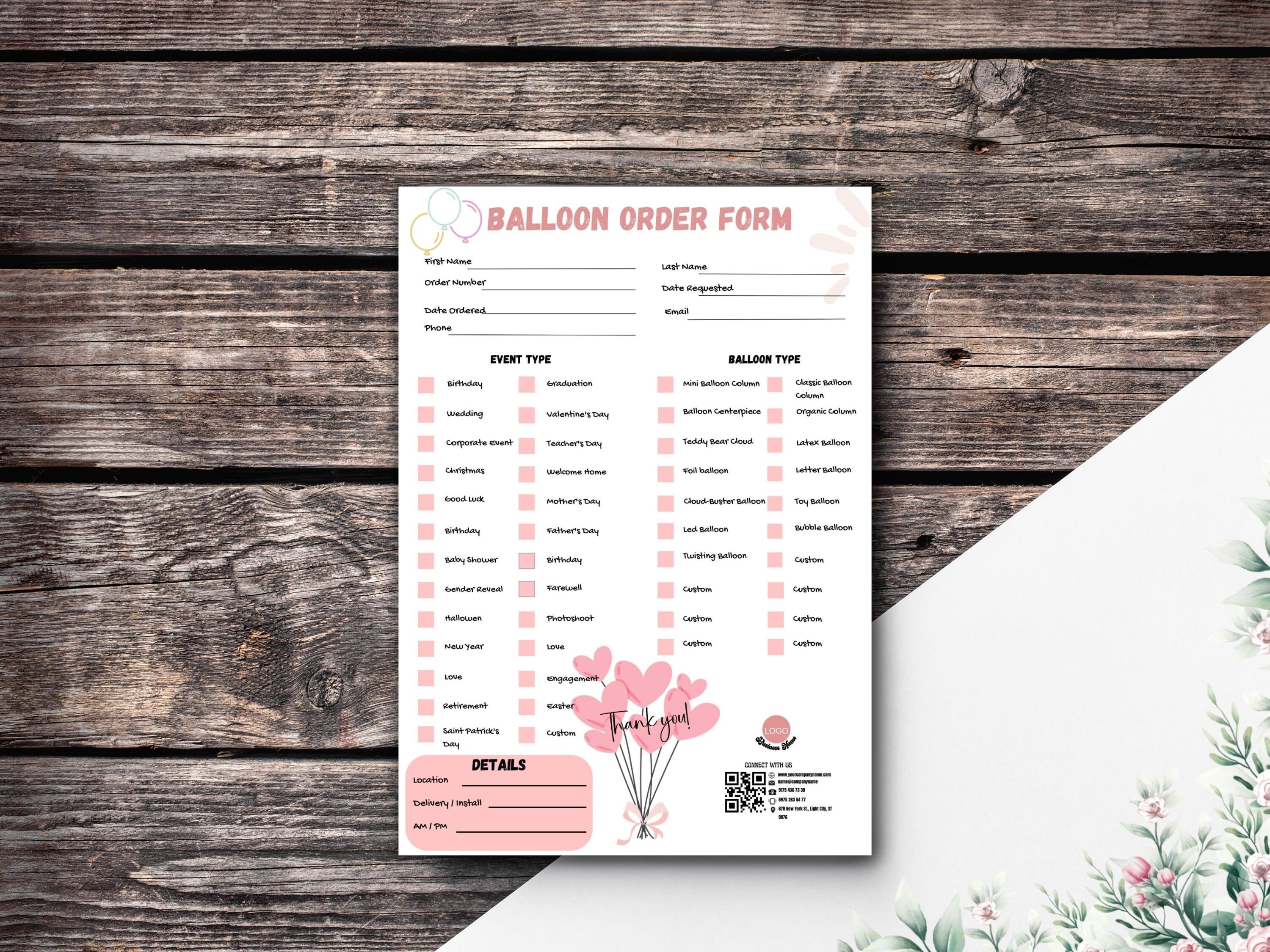Editable Balloon Order Form Balloon Invoice 2 Different Size Balloon ...