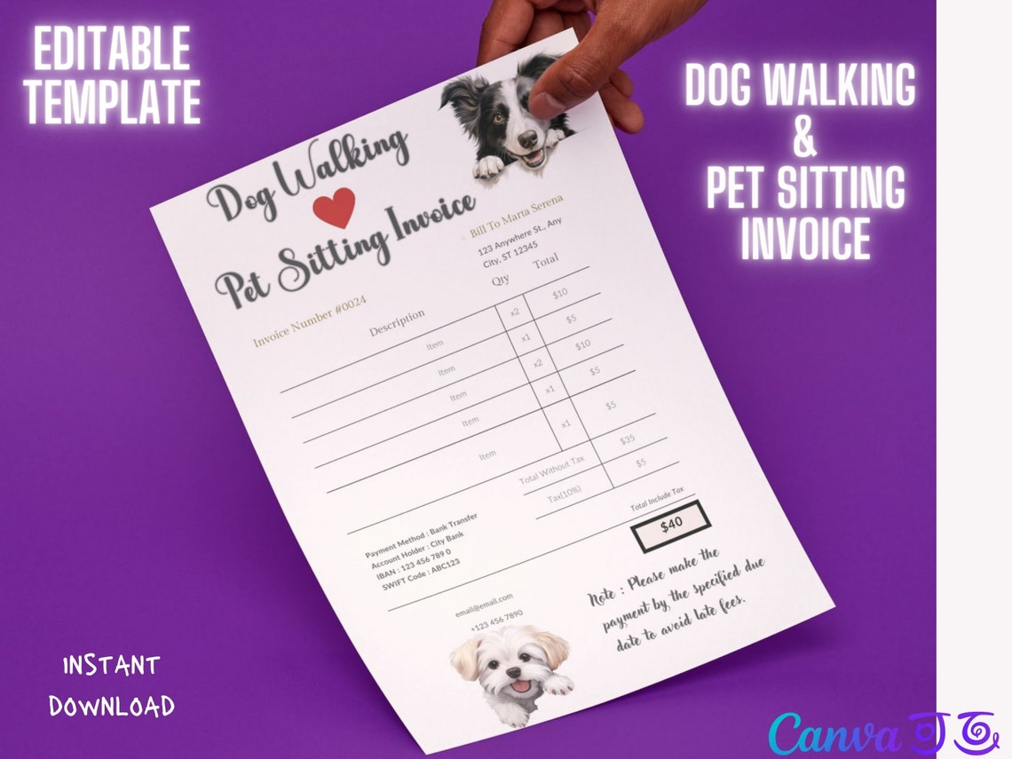Pet Sitting Invoice Template for Dog Walking Pet Care Dog Grooming and ...
