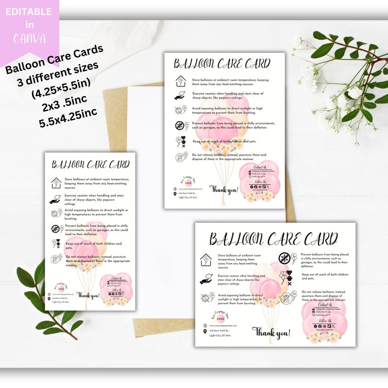 Editable Ballooon Care Card Template 3 Different Sizes, Printable ...