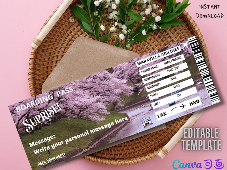 Plantilla de tarjeta de embarque editable Boleto de avión imprimible Regalo de viaje ...