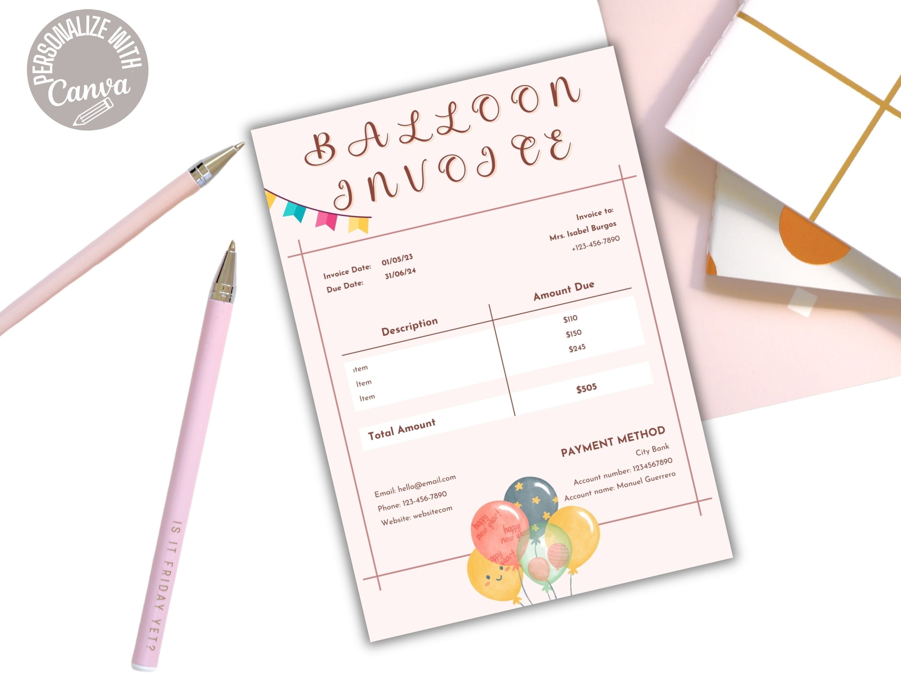 Balloon Invoice Template Editable Balloon Artist Invoice Template ...